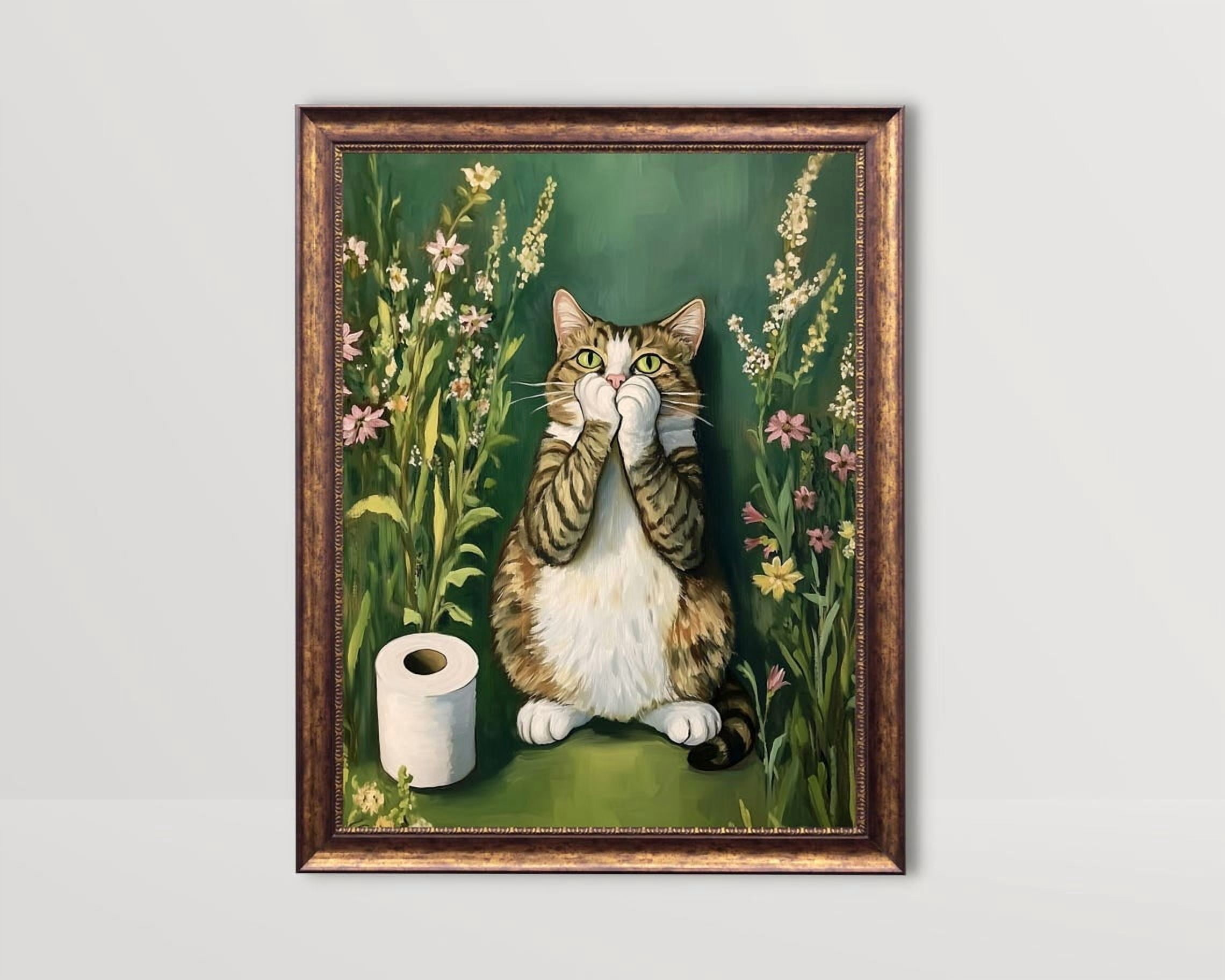 Bathroom Cat, Bath Wall Art, Toilet Paper Art, Green Powder Room Poster ...
