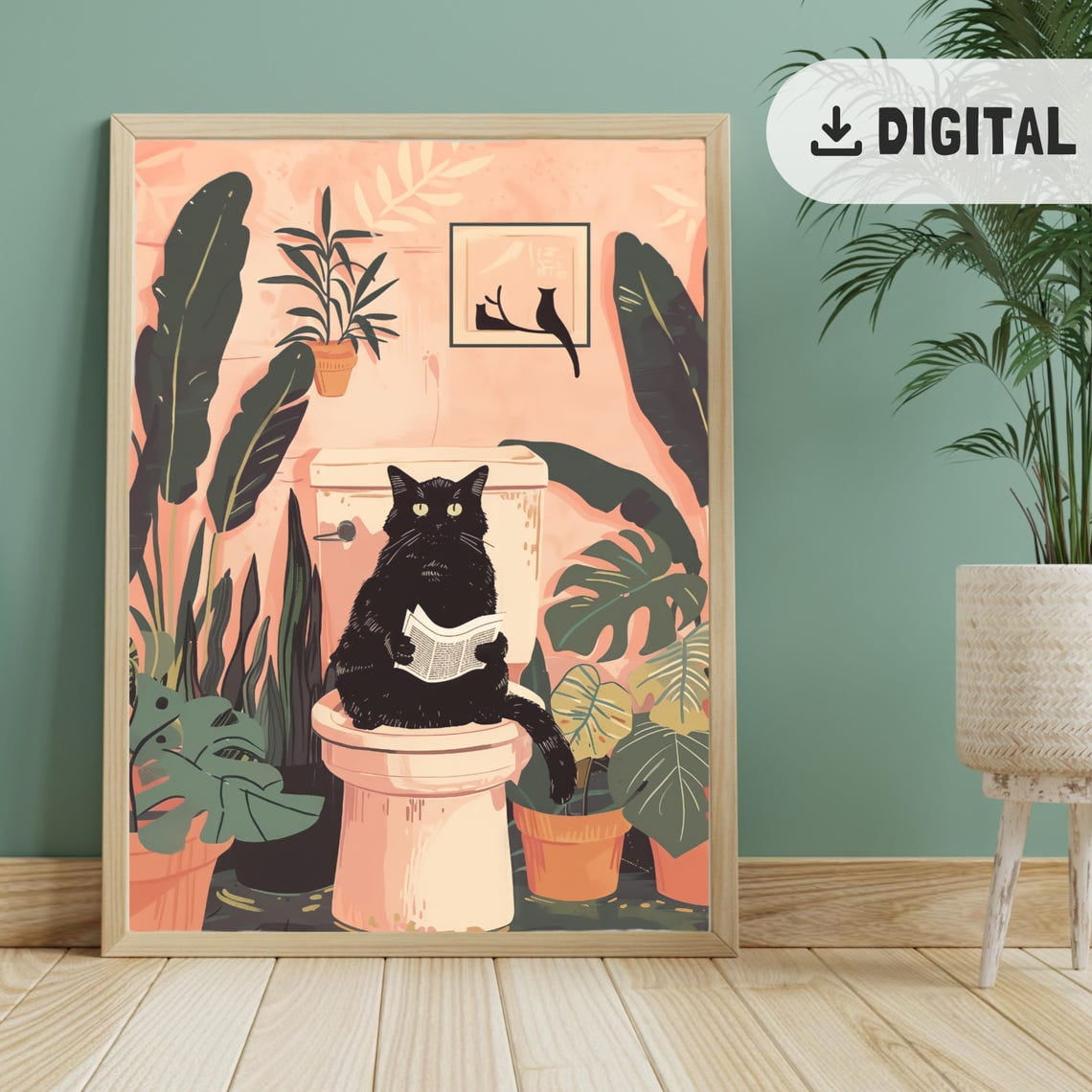 Bathroom Cat Poster Black Cat On Tet Reading Newspaper Restroom Wall ...