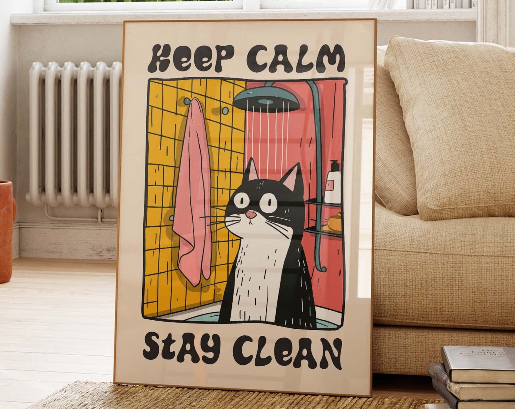 Bathroom Cat Print For Shower Wall Art Print Funny Cat Print Retro Wall ...