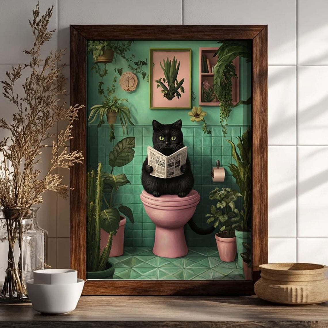 Bathroom Cat Print, Funny Bathroom Wall Decor Pooping Print Toilet Wall ...
