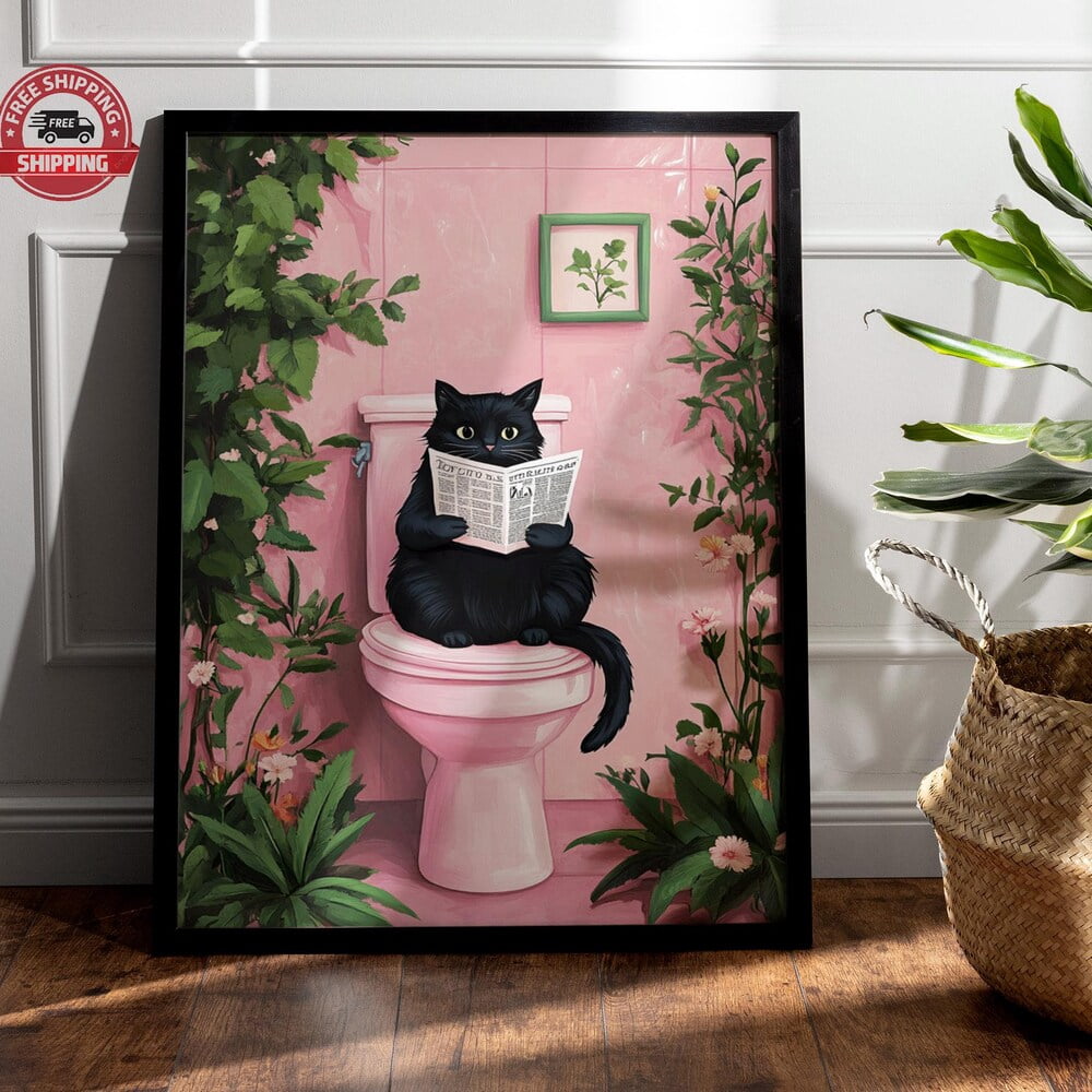 Bathroom Cat Reading Newspaper Print For Toilet Wall Art Print Vintage ...
