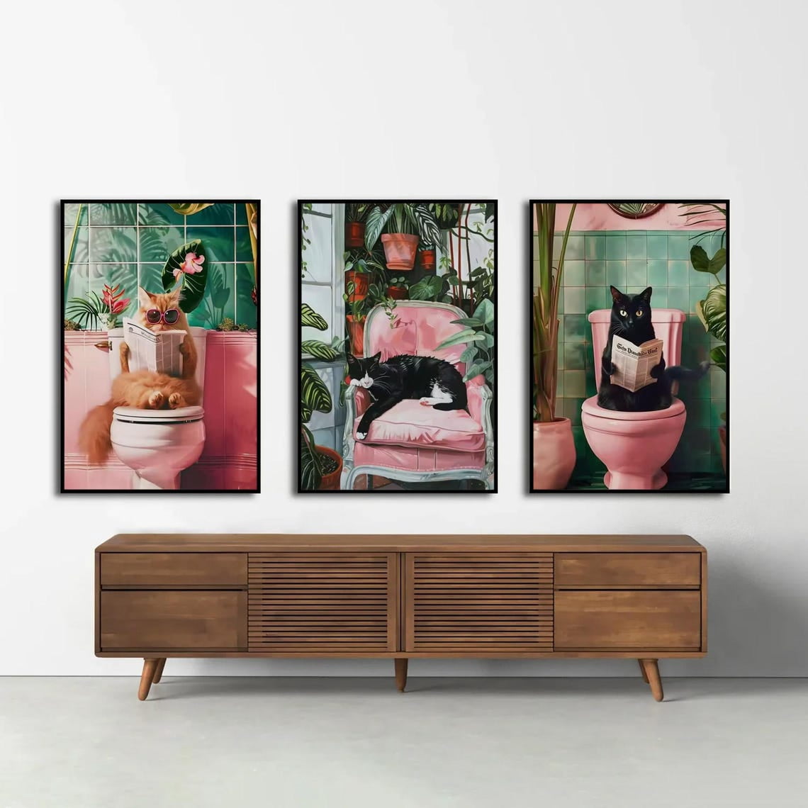 Bathroom Cat Toilet Maximalist Pink Green Botanical Quirky Newspaper ...