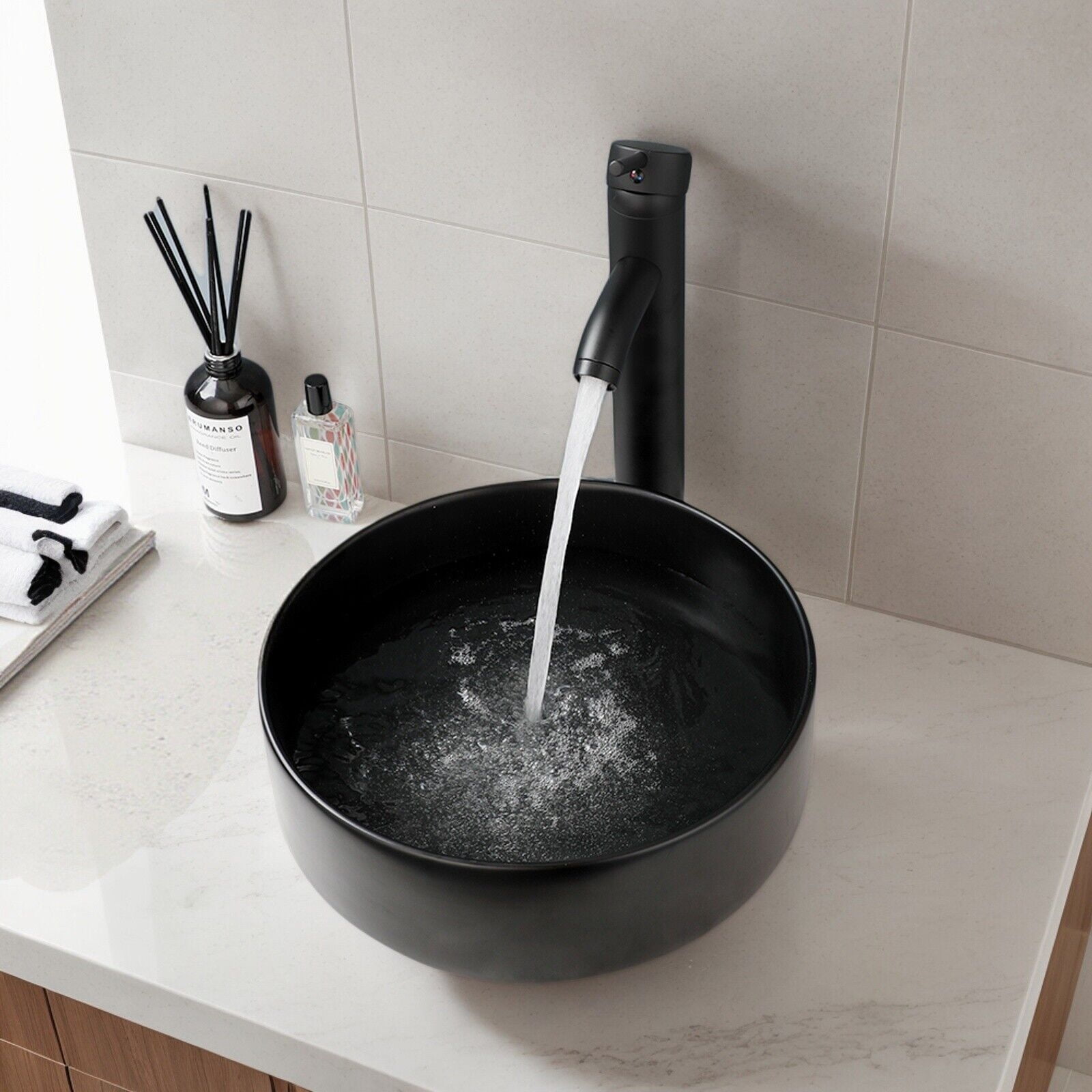 Bathroom Ceramic Vessel Sink Black Round 12" Small Basin Bowl Combo ...