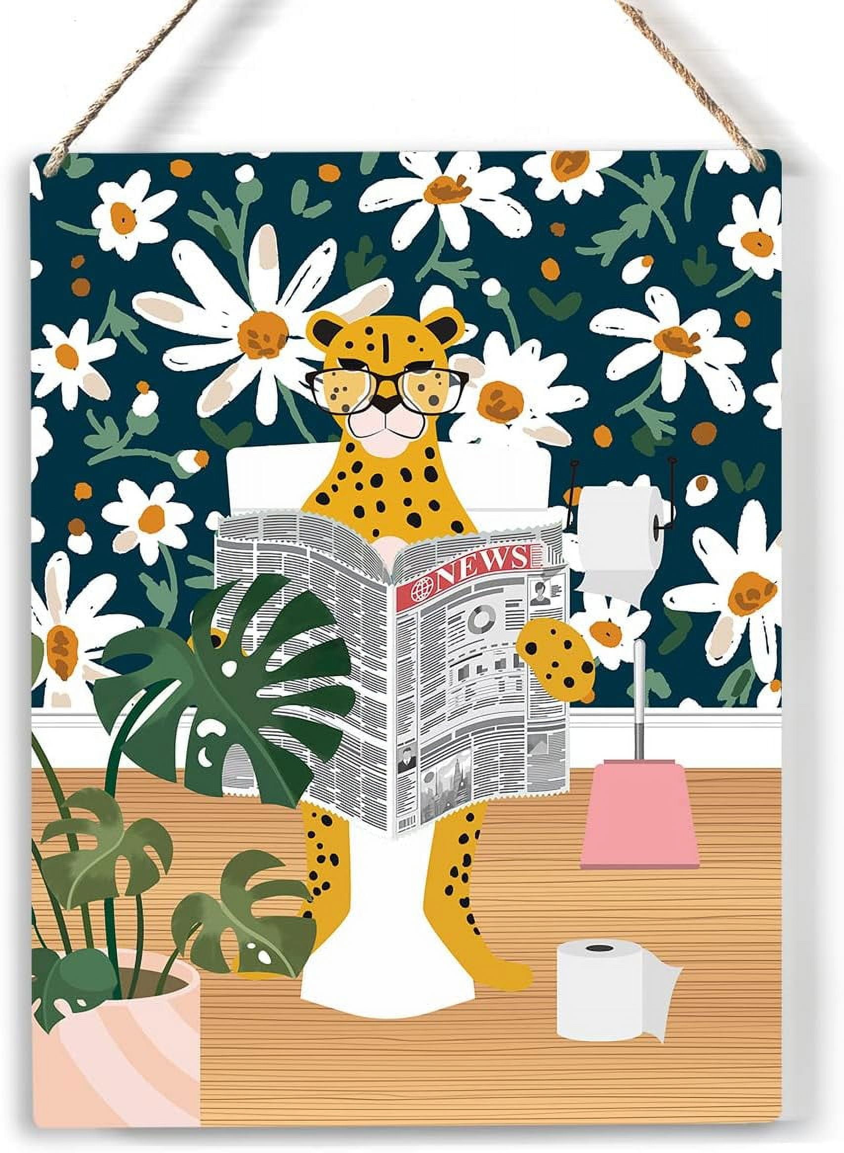 Bathroom Cheetah on Toilet Reading Newspaper Wood Sign Cheetah Wooden ...