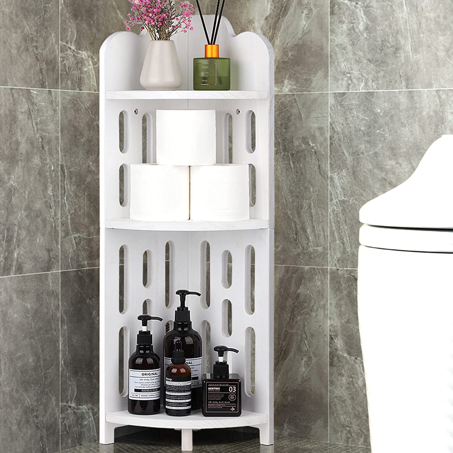Bathroom Corner Shelf Stand, 3 Tier Solid Wood Display Shelf for Narrow ...