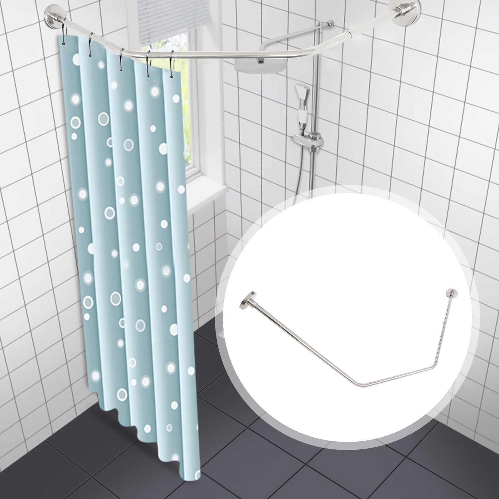 Bathroom Corner Shower Privacy Curtain Rod Adjustable Stainless Steel ...