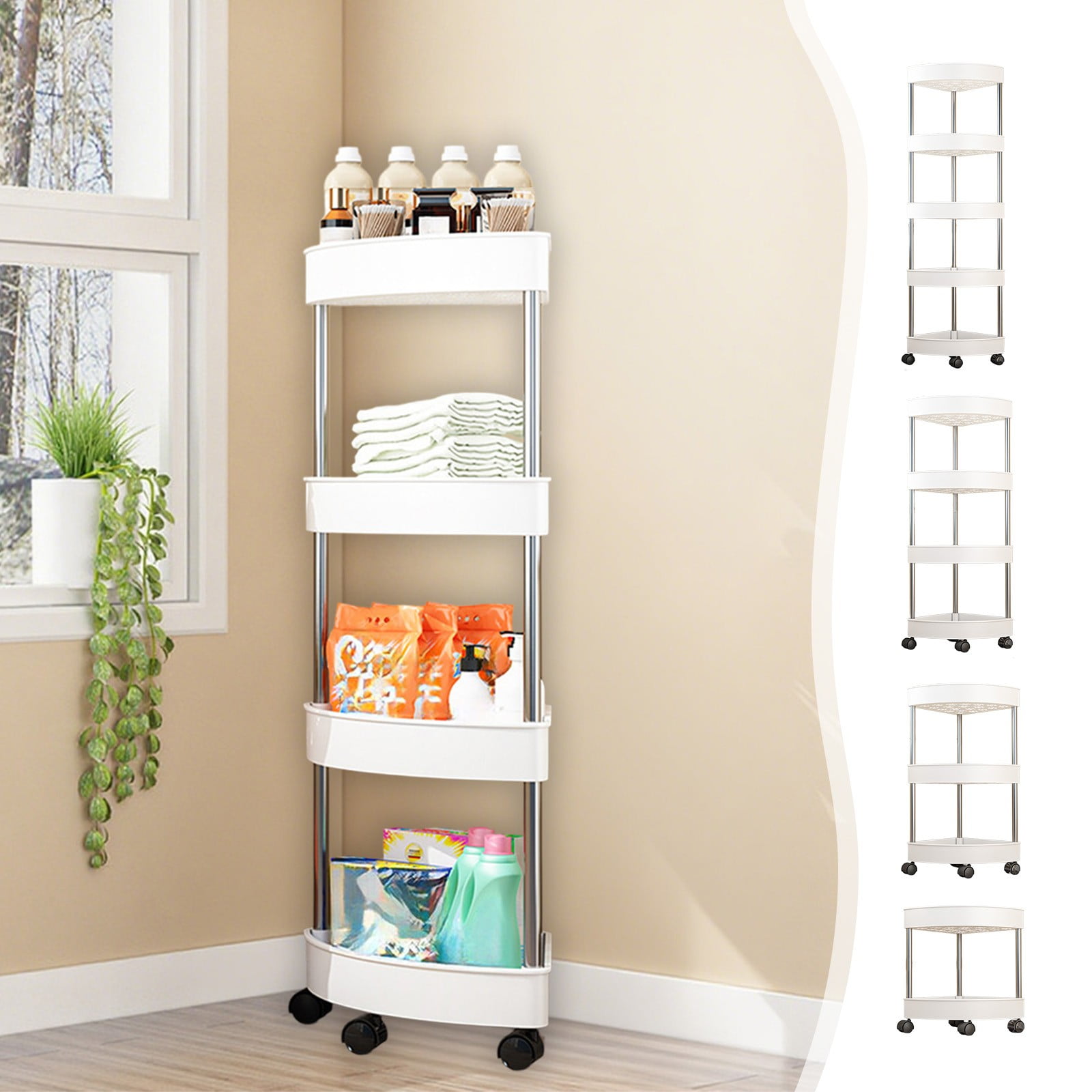 Bathroom Corner Storage Shelf Organizer, Rolling 4 Tiers, Drainage ...