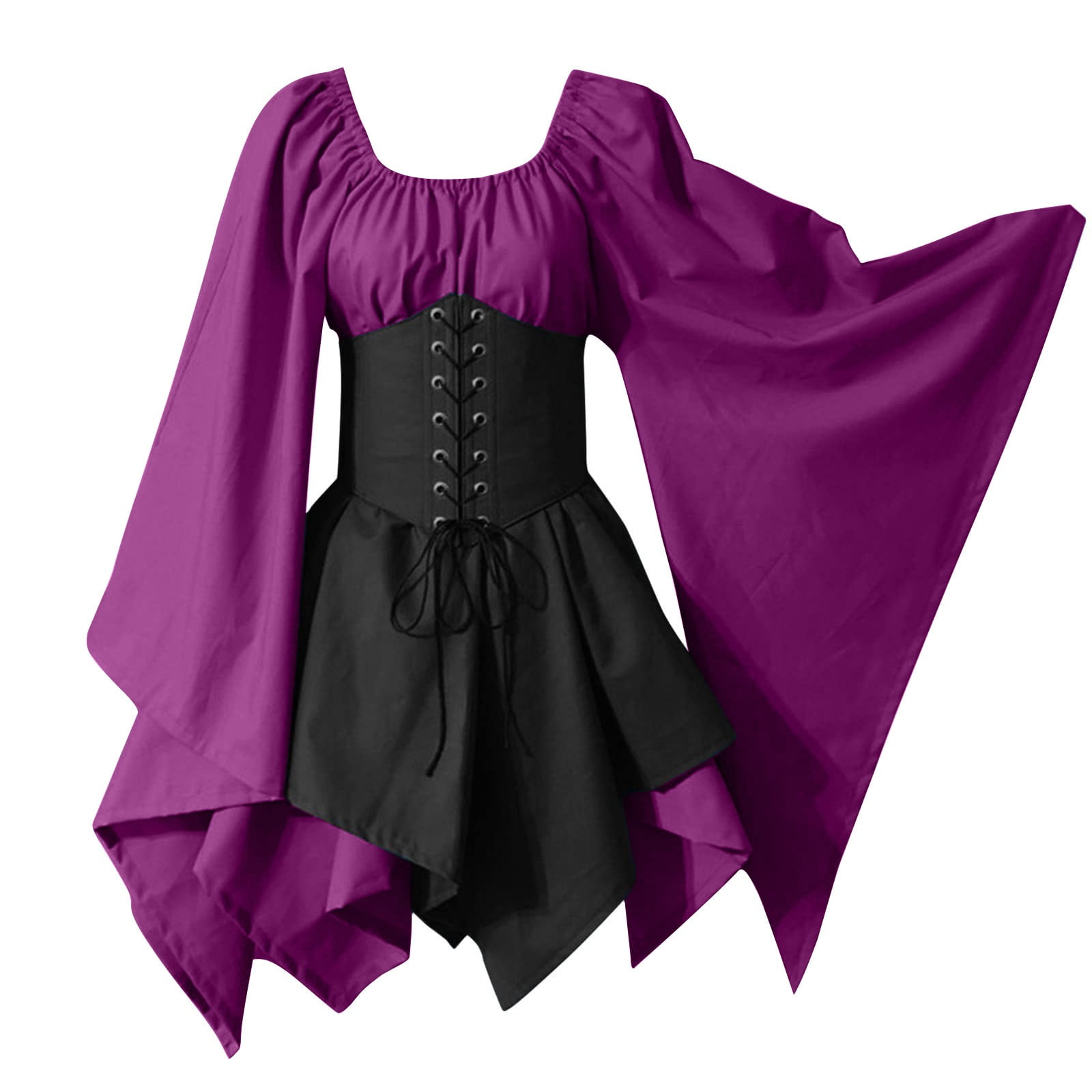 Women Goth Dress with Waist Cincher Punk Bell Sleeve Vintage Lacey ...