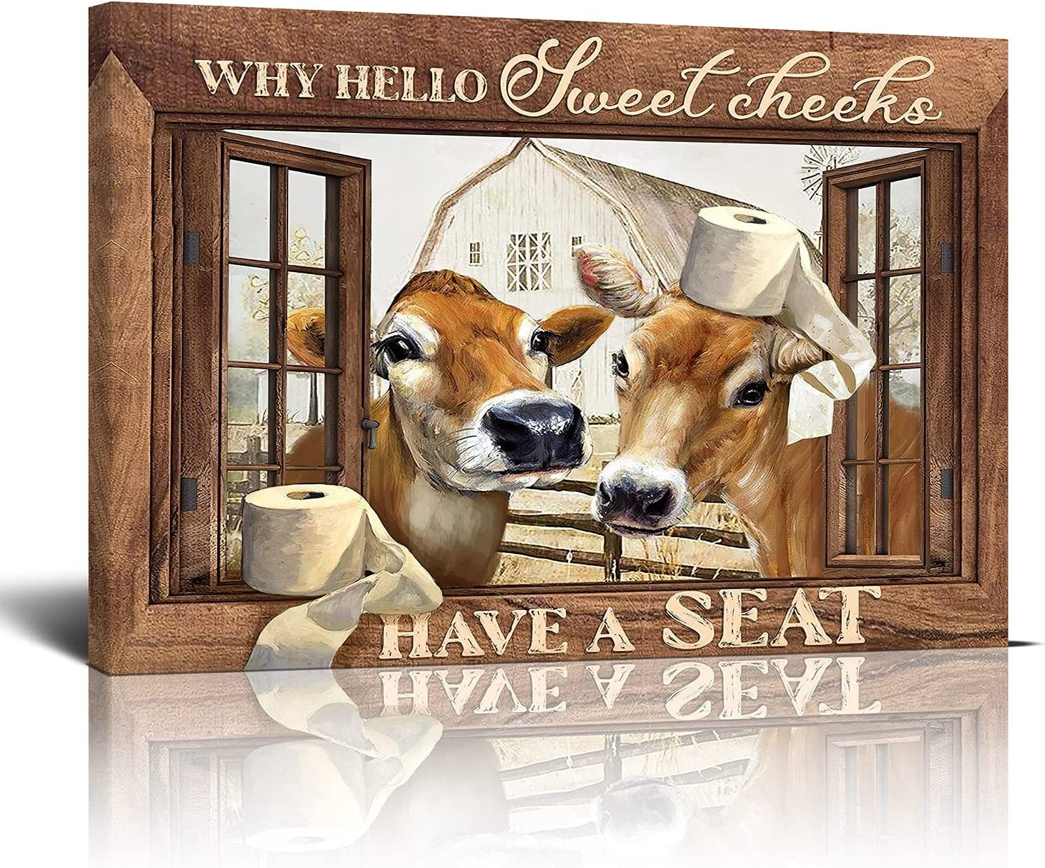 Bathroom Cow Pictures Canvas Wall Art Rustic Cute Cow Bathroom Print ...