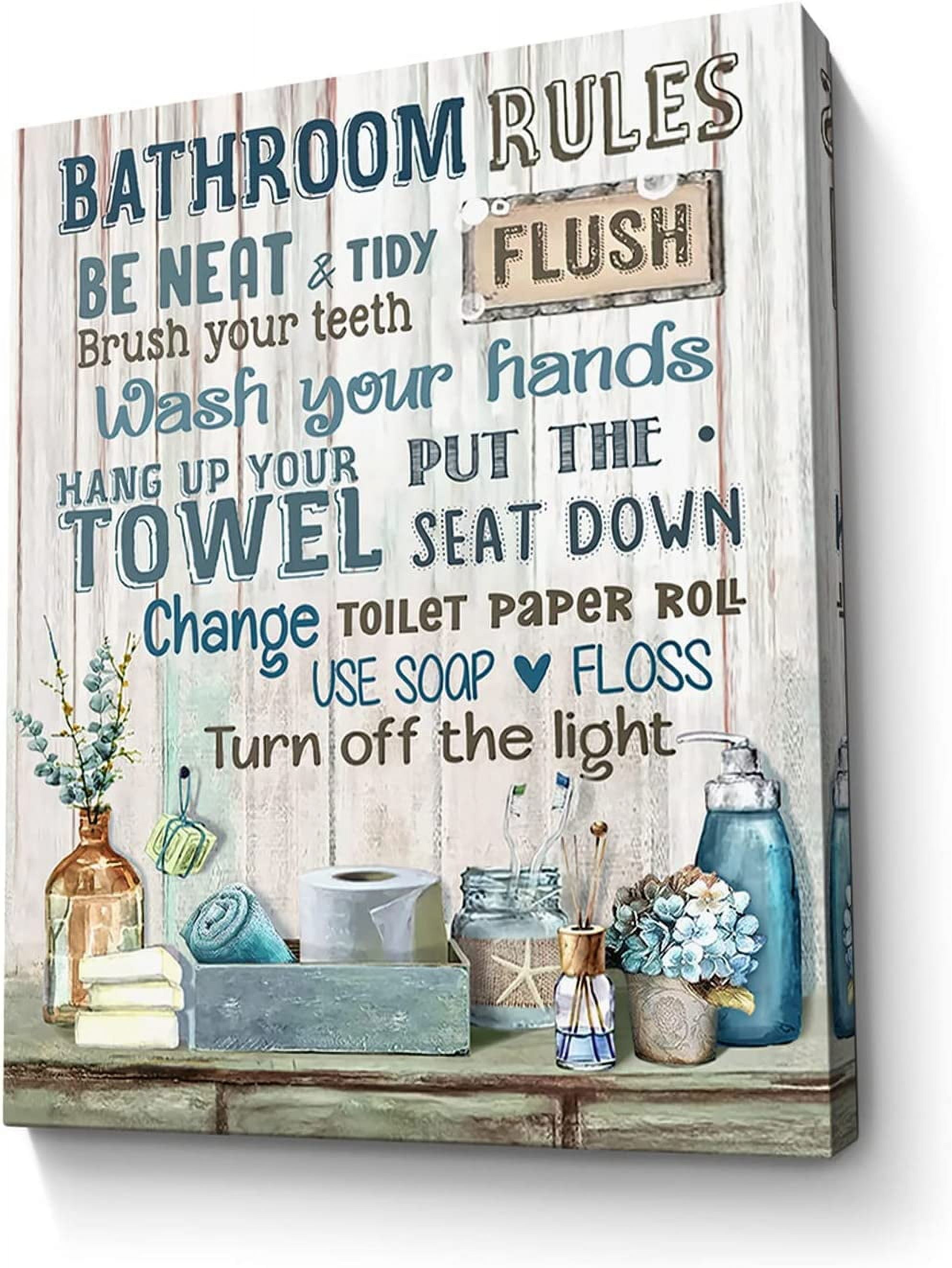 Bathroom Decor Canvas Wall Art Rustic Bathroom Rules Sign Picture Blue ...