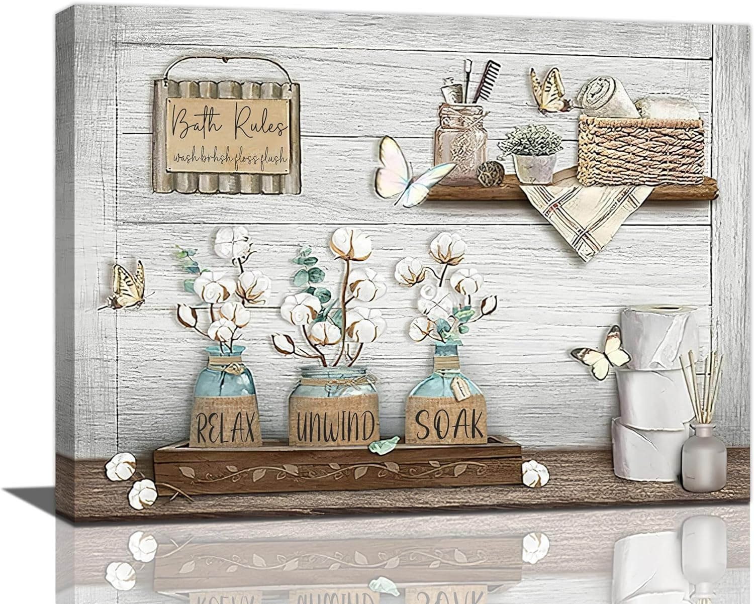 Bathroom Decor Farmhouose Wall Art Cotton Flower Butterfly Pictures ...