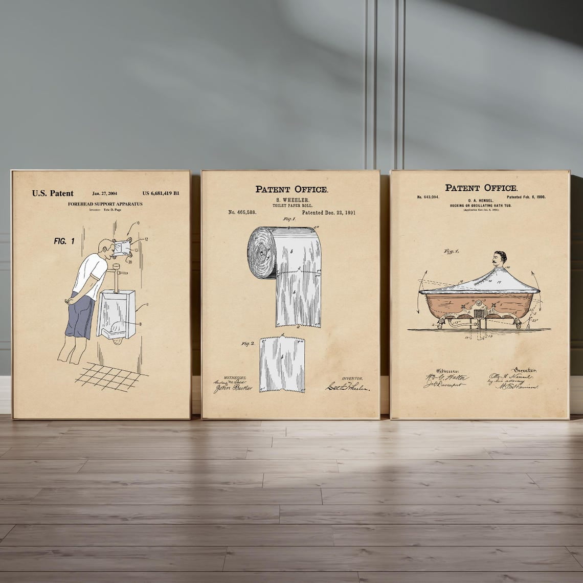 Bathroom Decor Patent Powder Room Vintage Guest Set 3 Stretched Canvas ...