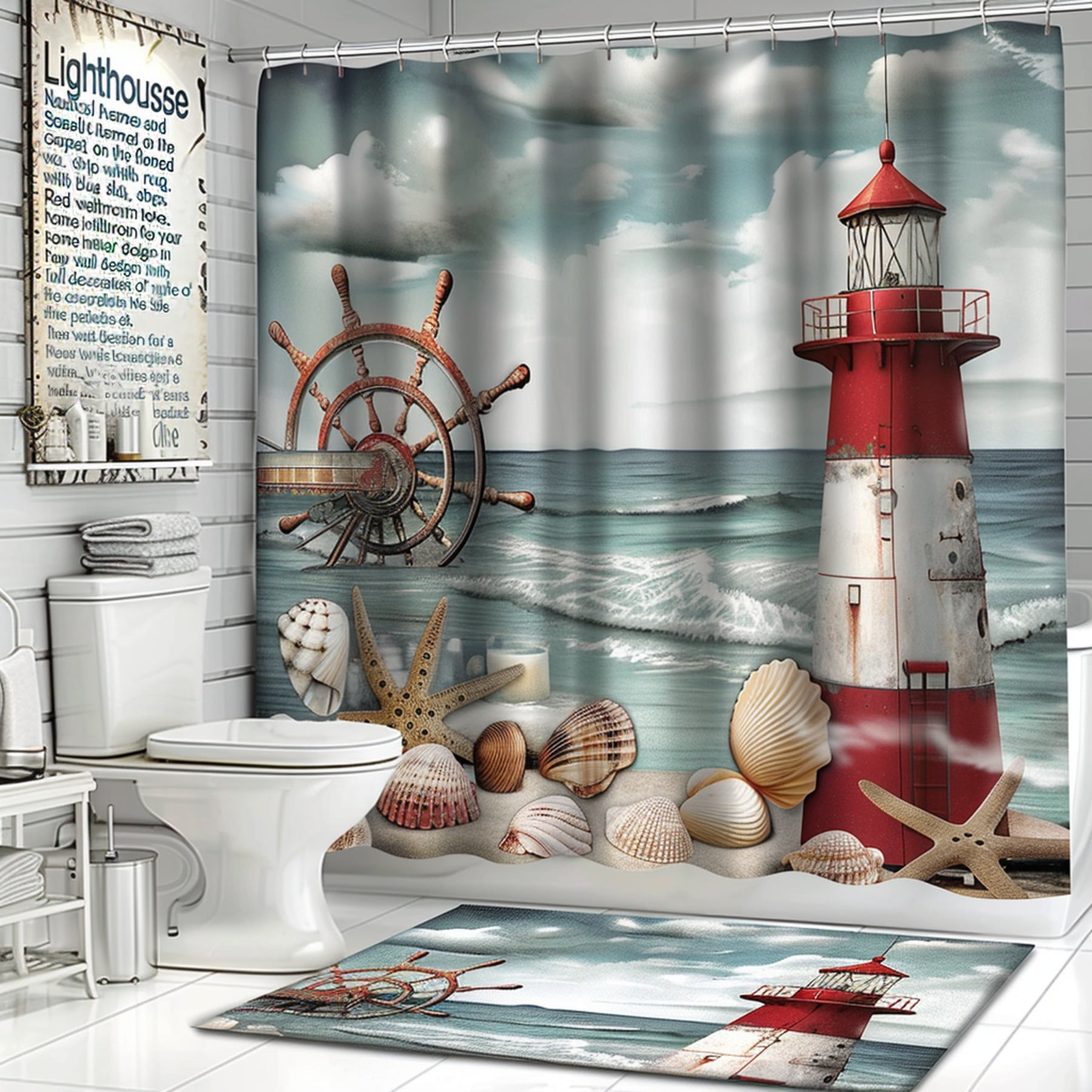 Bathroom Decor Set: Lighthouse Seashells Shower Curtain Set Vintage ...