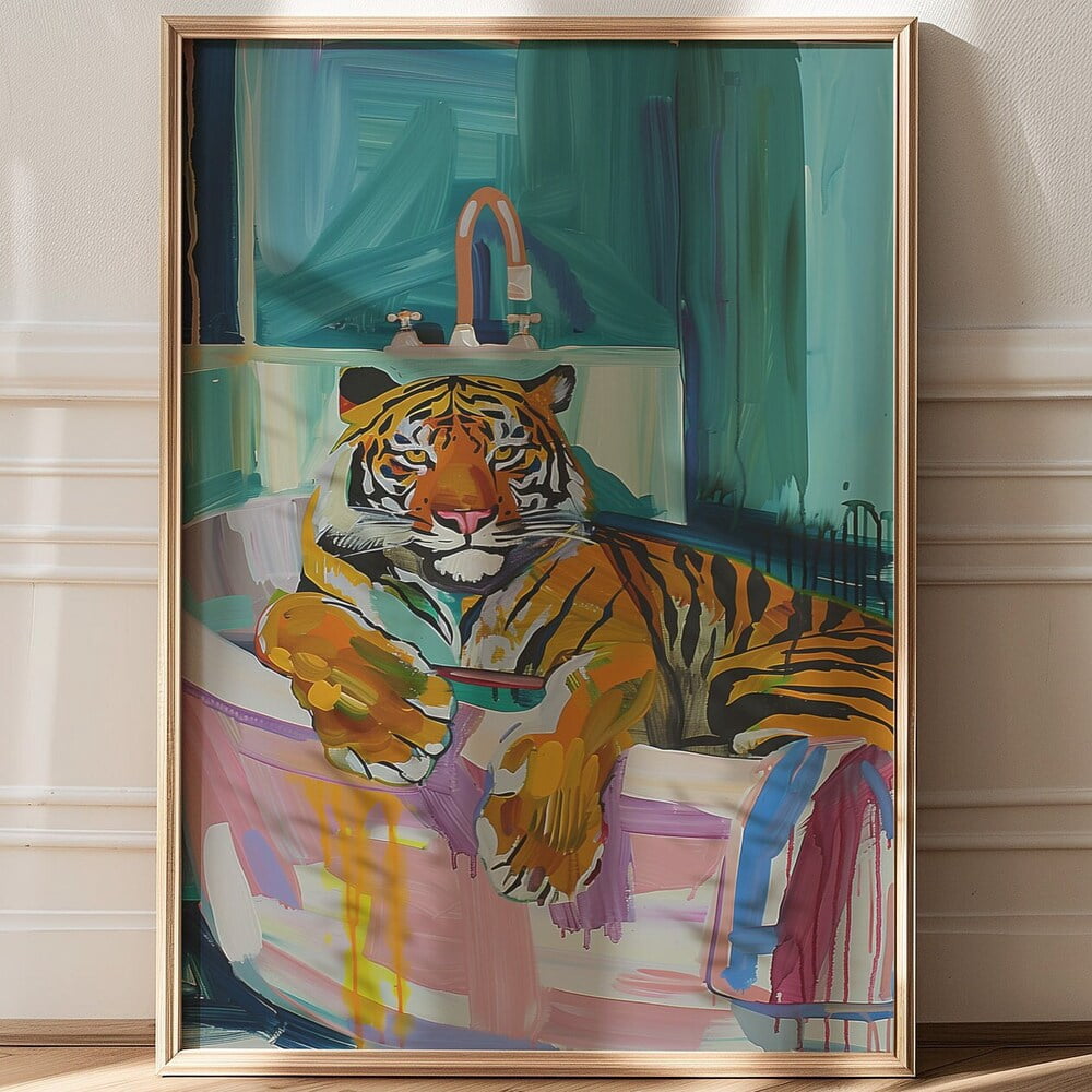Bathroom Decor Tiger Poster Maximalist Bathroom Decor Blue And Pink ...