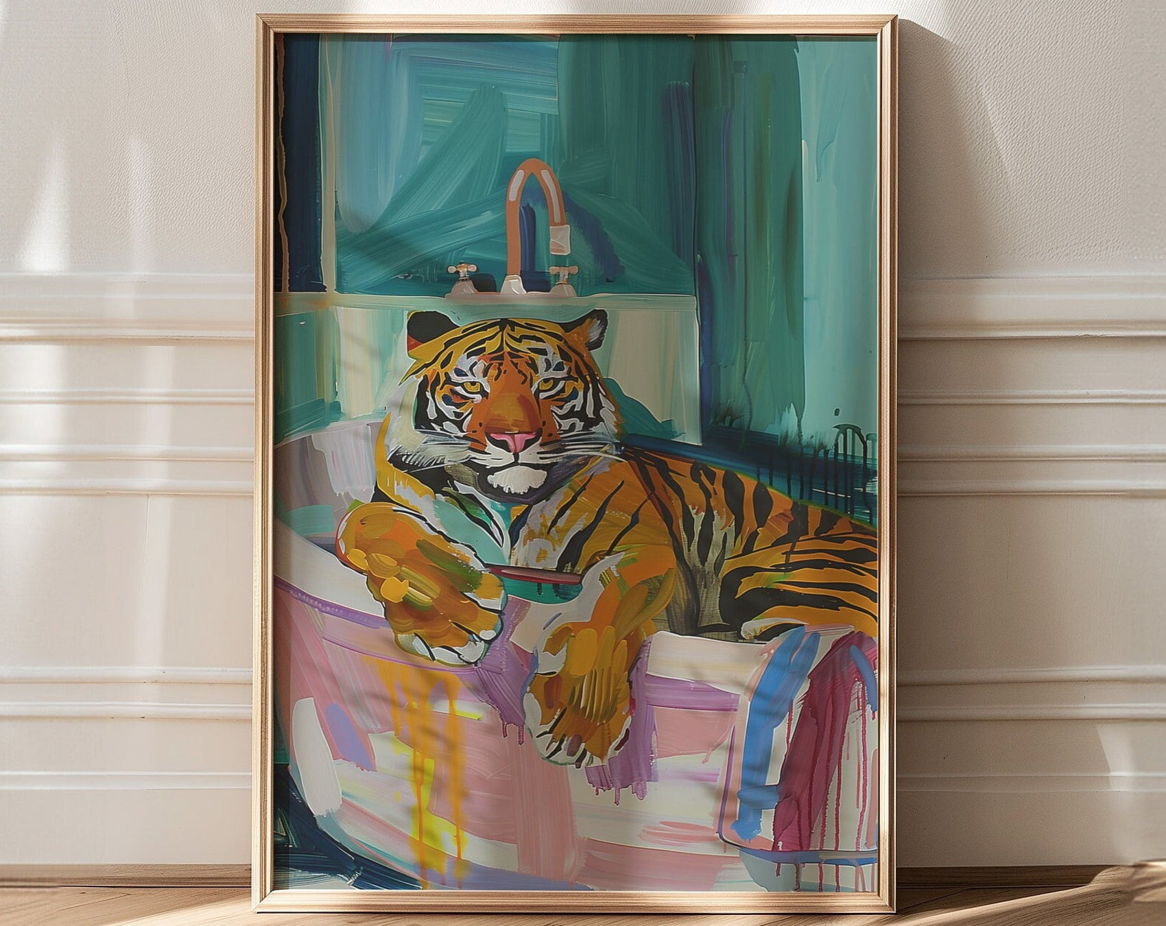 Bathroom Decor Tiger Poster Maximalist Bathroom Decor Blue and Pink ...