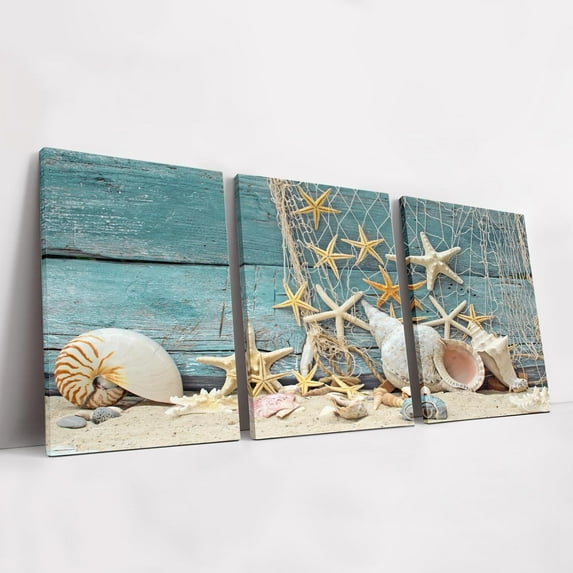 Bathroom Decor Wall Art 3 PCS Blue Ocean Theme Seashells Starfish ...