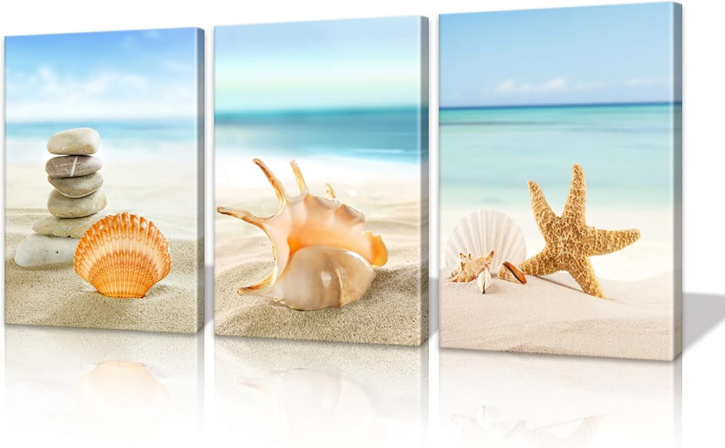 Bathroom Decor Wall Art 3 PCS Blue Ocean Theme Seashells Starfish ...