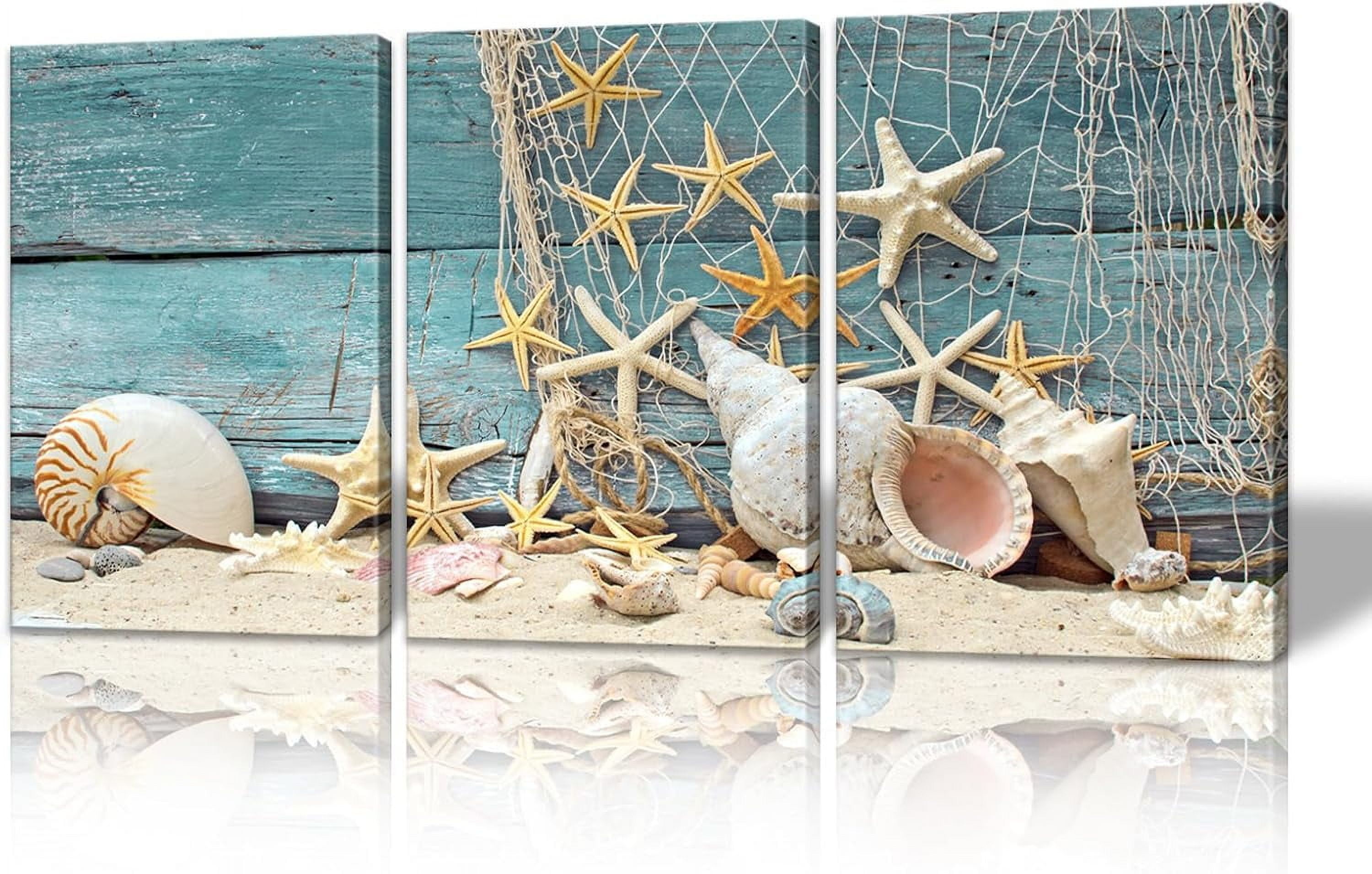 Bathroom Decor Wall Art 3PCS Blue Ocean Theme Seashells Starfish ...