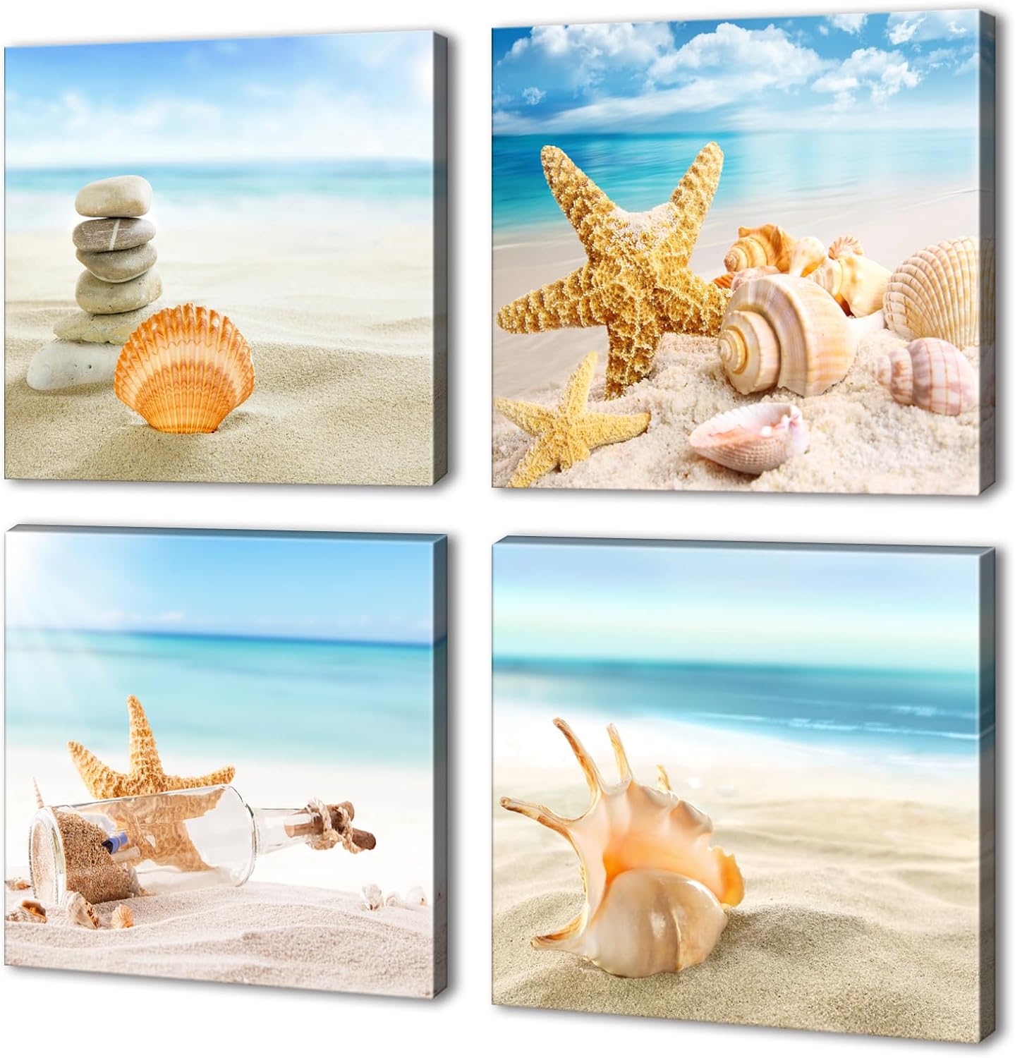 Bathroom Decor Wall Art 4 PCS Blue Ocean Theme Seashells Starfish ...