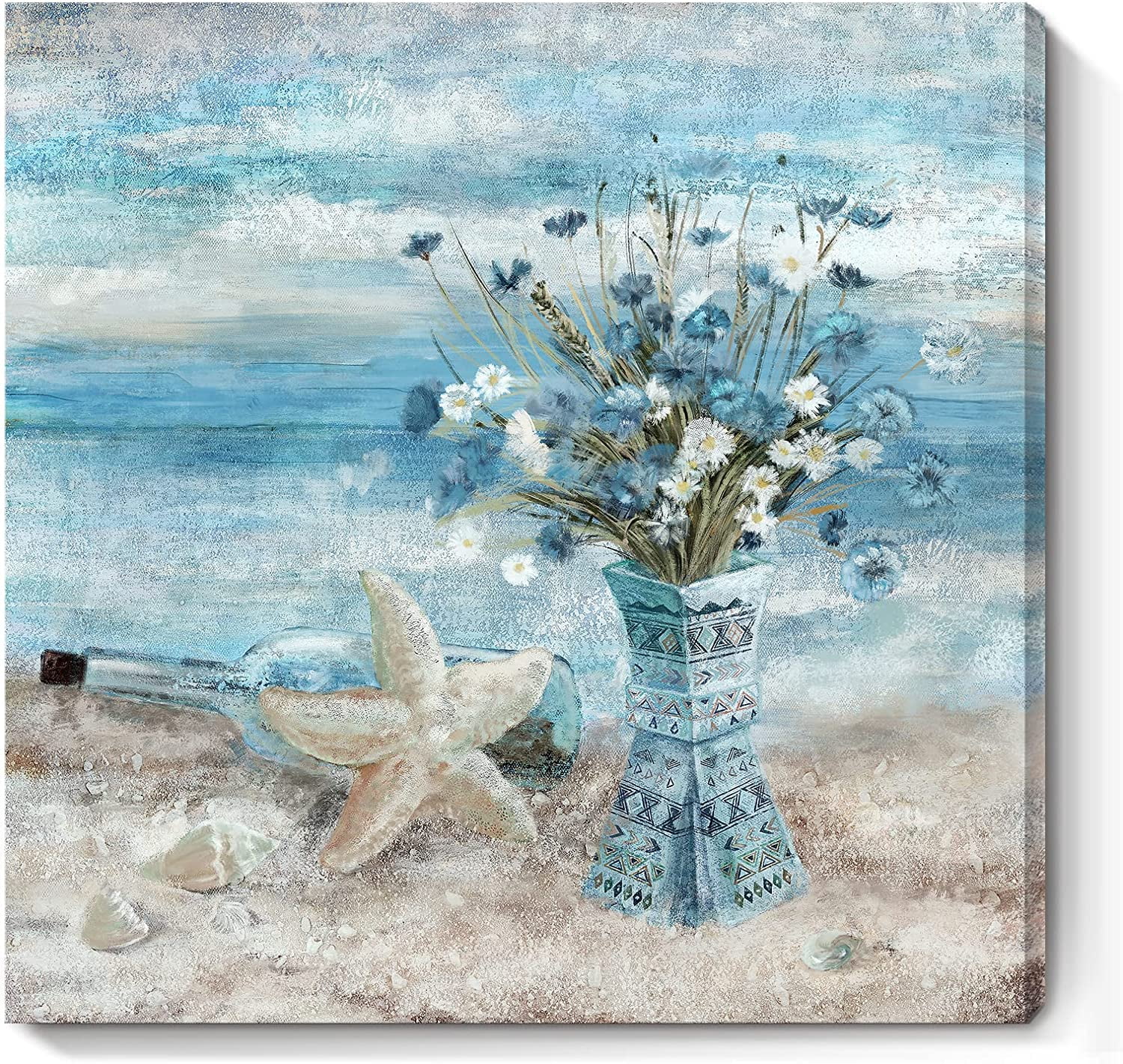 Bathroom Decor Wall Art Blue Beach Picture Ocean Theme Flower Canvas ...