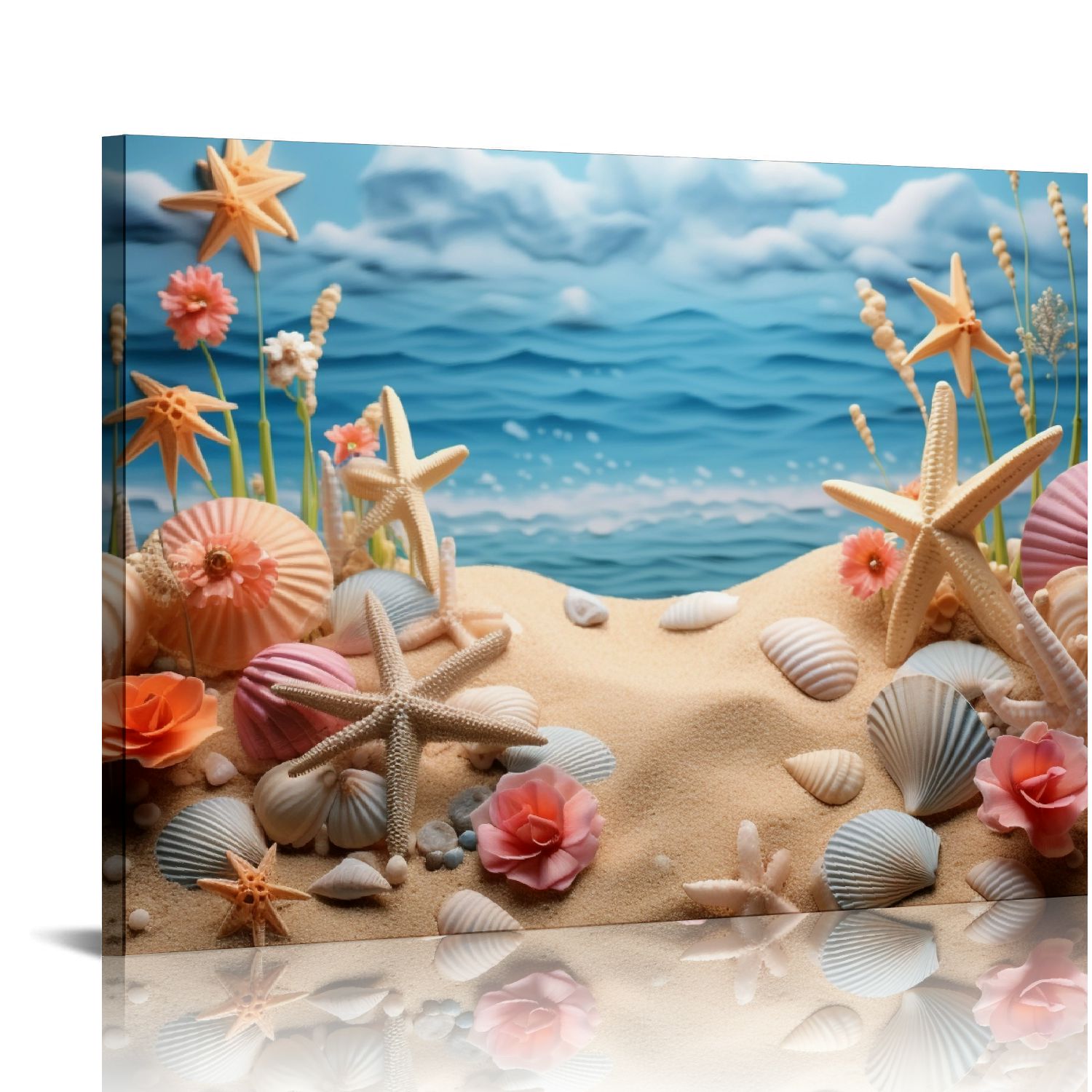 Bathroom Decor, Wall Art Blue Beach Picture Ocean Theme Flower Canvas ...