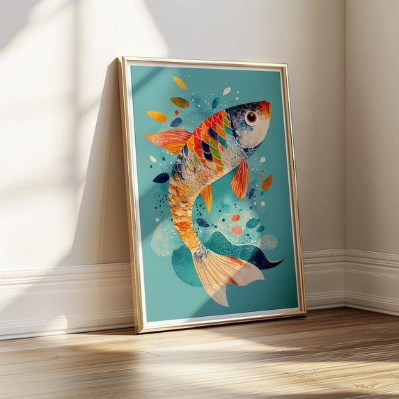Bathroom Decoration Fish Colorful Koi Illustration Sea Geometric Art ...