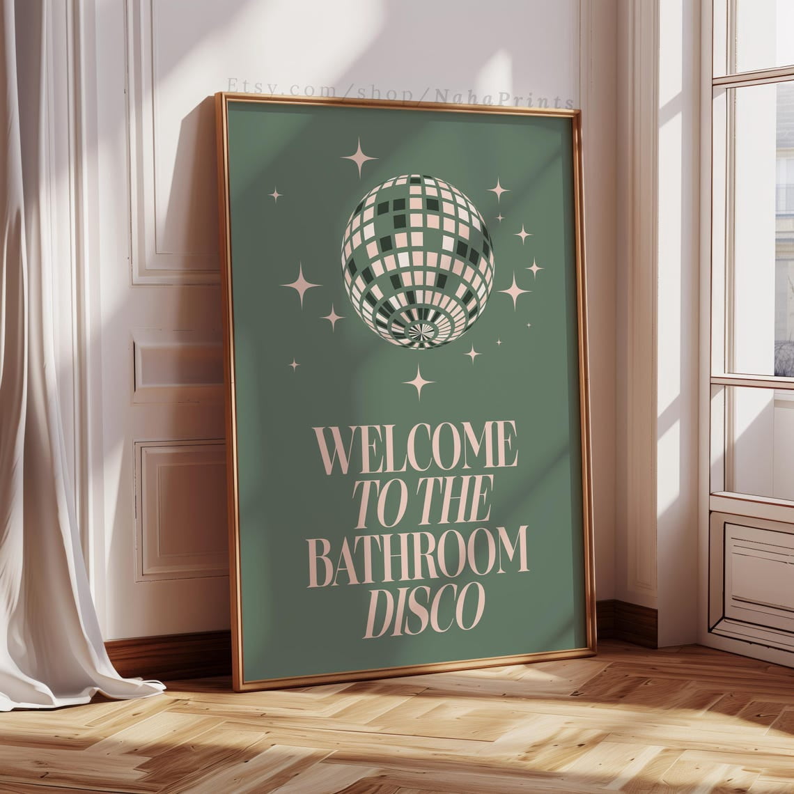 Bathroom Disco Print, Sage Green Pink Aesthetic, Minimalist Bathroom ...