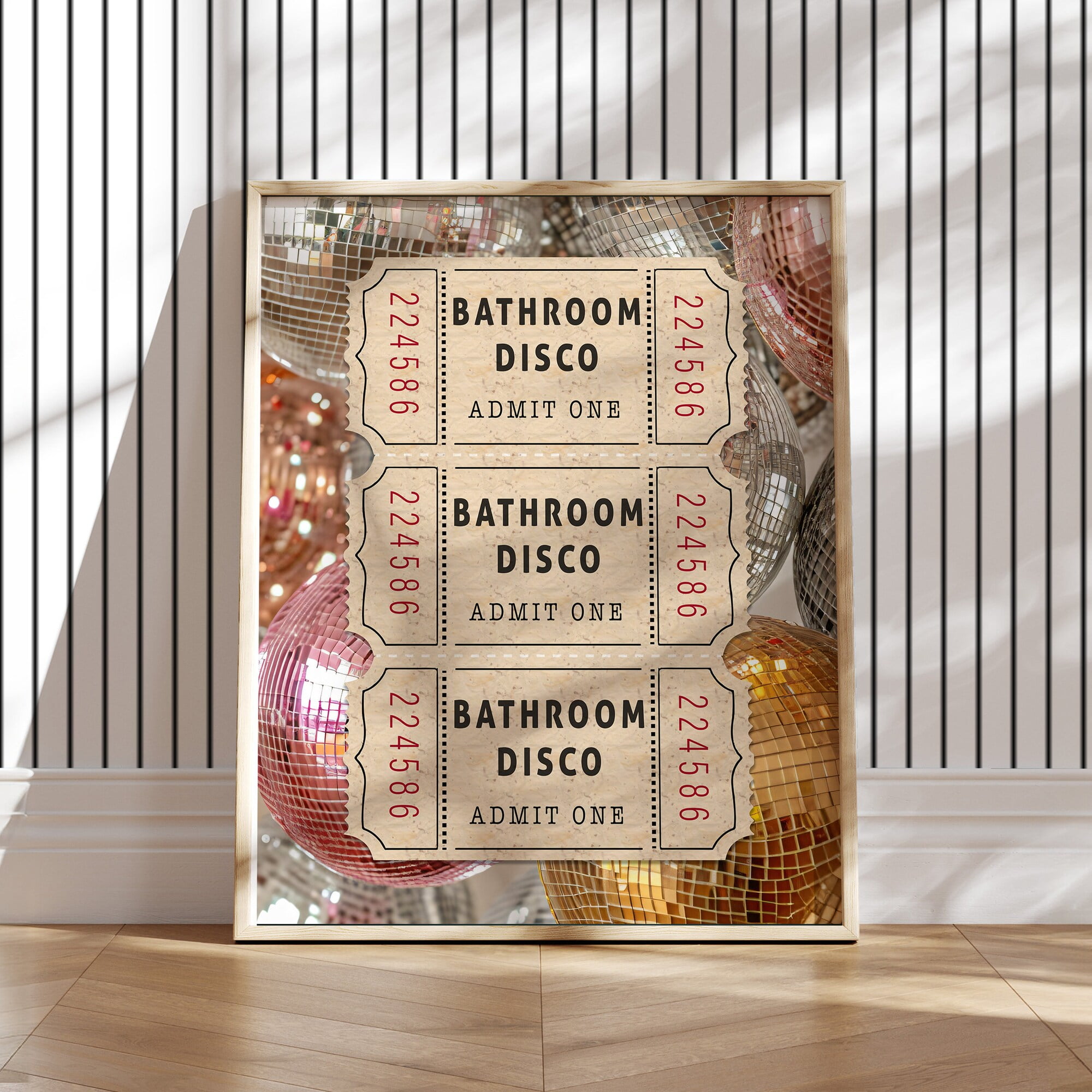 Bathroom Disco Print Ticket Admit One Room Wall Art Disco Balls Beige ...