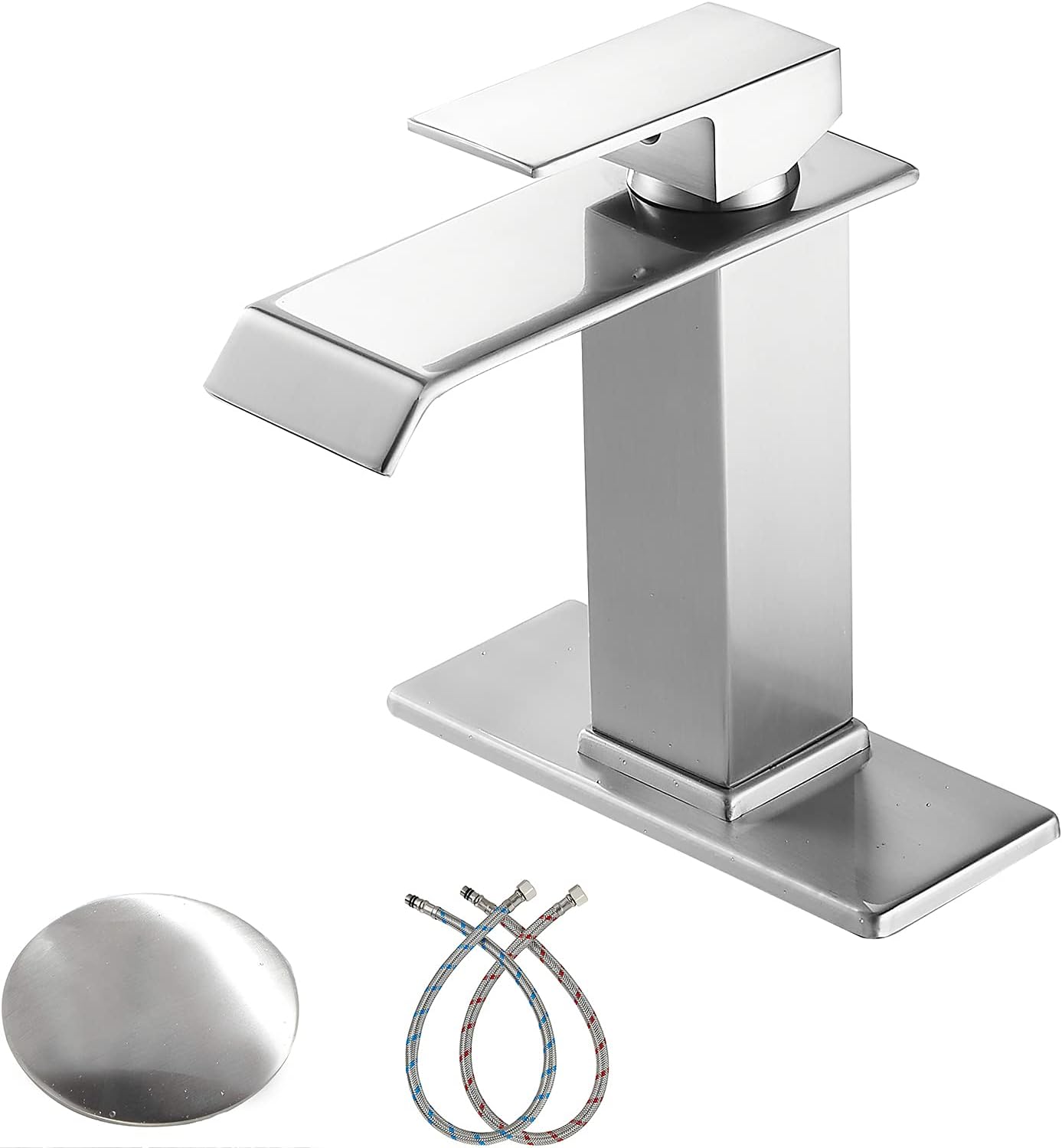 Bathroom Faucet Brushed Nickel Waterfall with Pop Up Drain Overflow ...