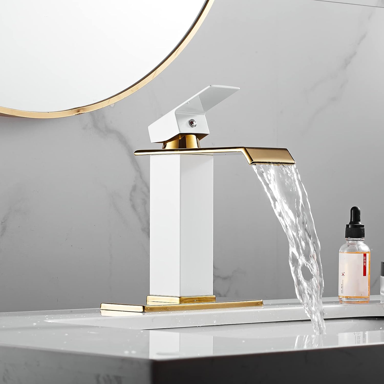Bathroom Faucet Gold Spout Waterfall White Body Single Hole 1 Handle ...