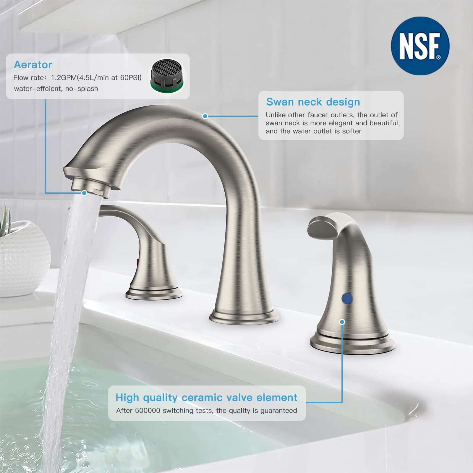 Bathroom Faucet, Swan Neck Bathroom Faucets for Sink 3 Hole, 8 Inch ...