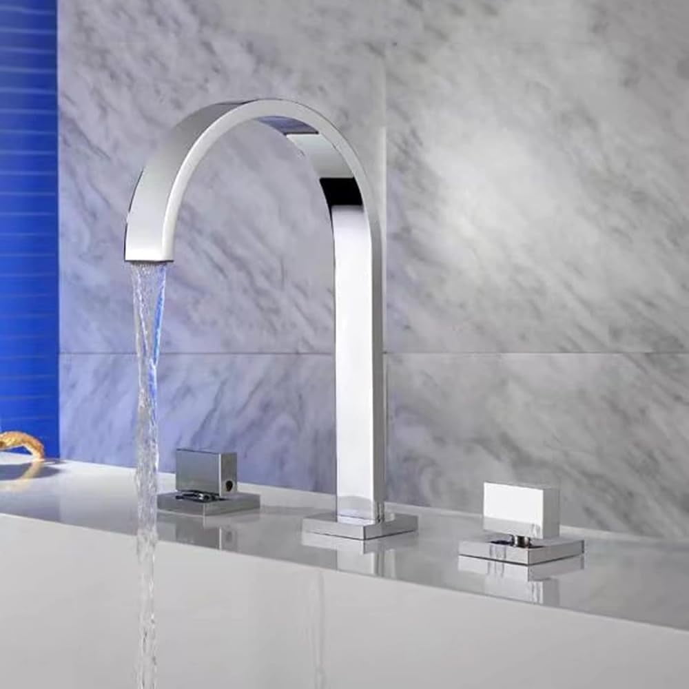 Bathroom Faucet Waterfall, 3-Hole Wide Flat Modern Bathroom Sink Double ...