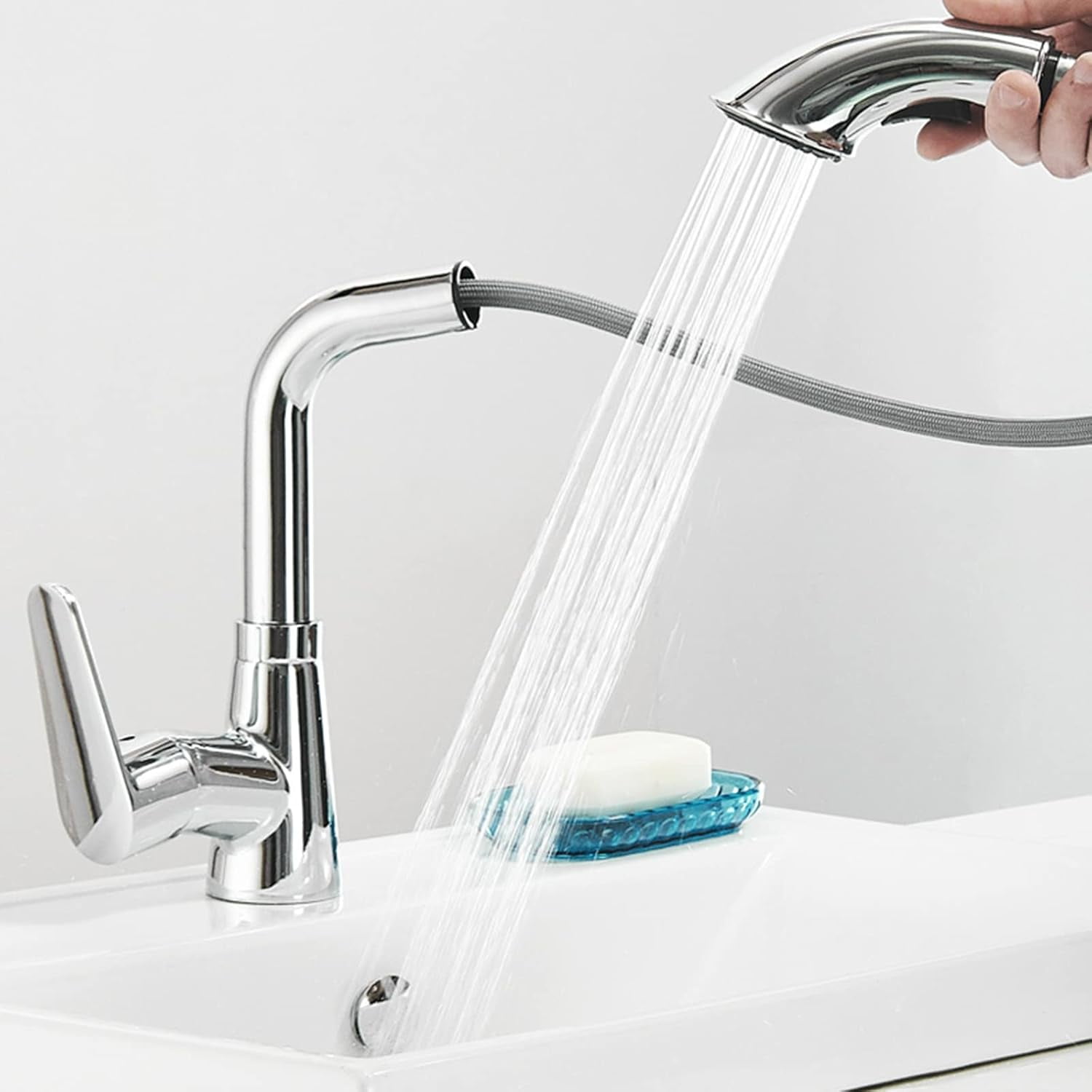 Bathroom Faucet with Pull Out Spray Brass Hot and Cold Water Telescopic ...