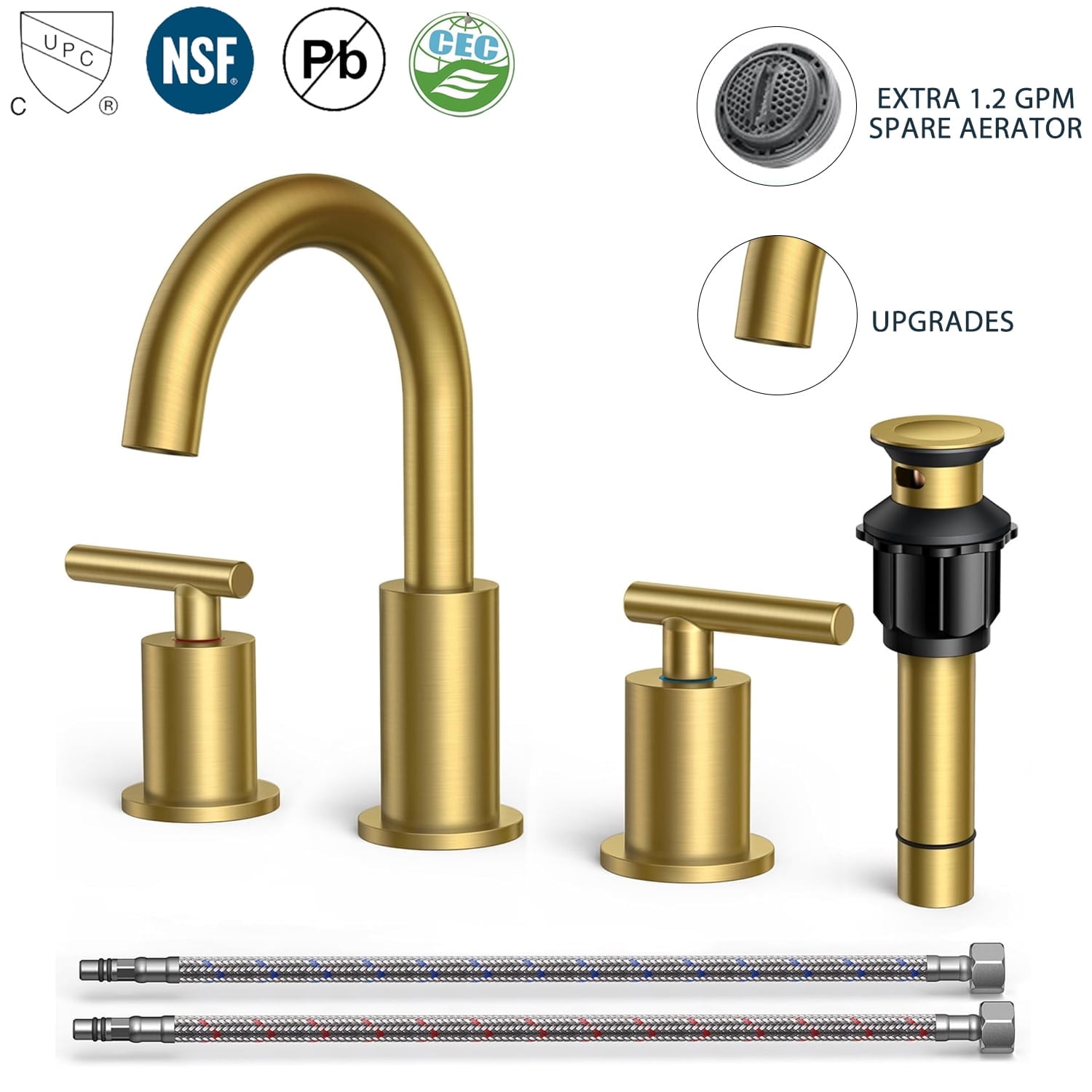 Brushed Gold Widespread Bathroom Faucets for Sink 3 Hole, 8inch Water ...