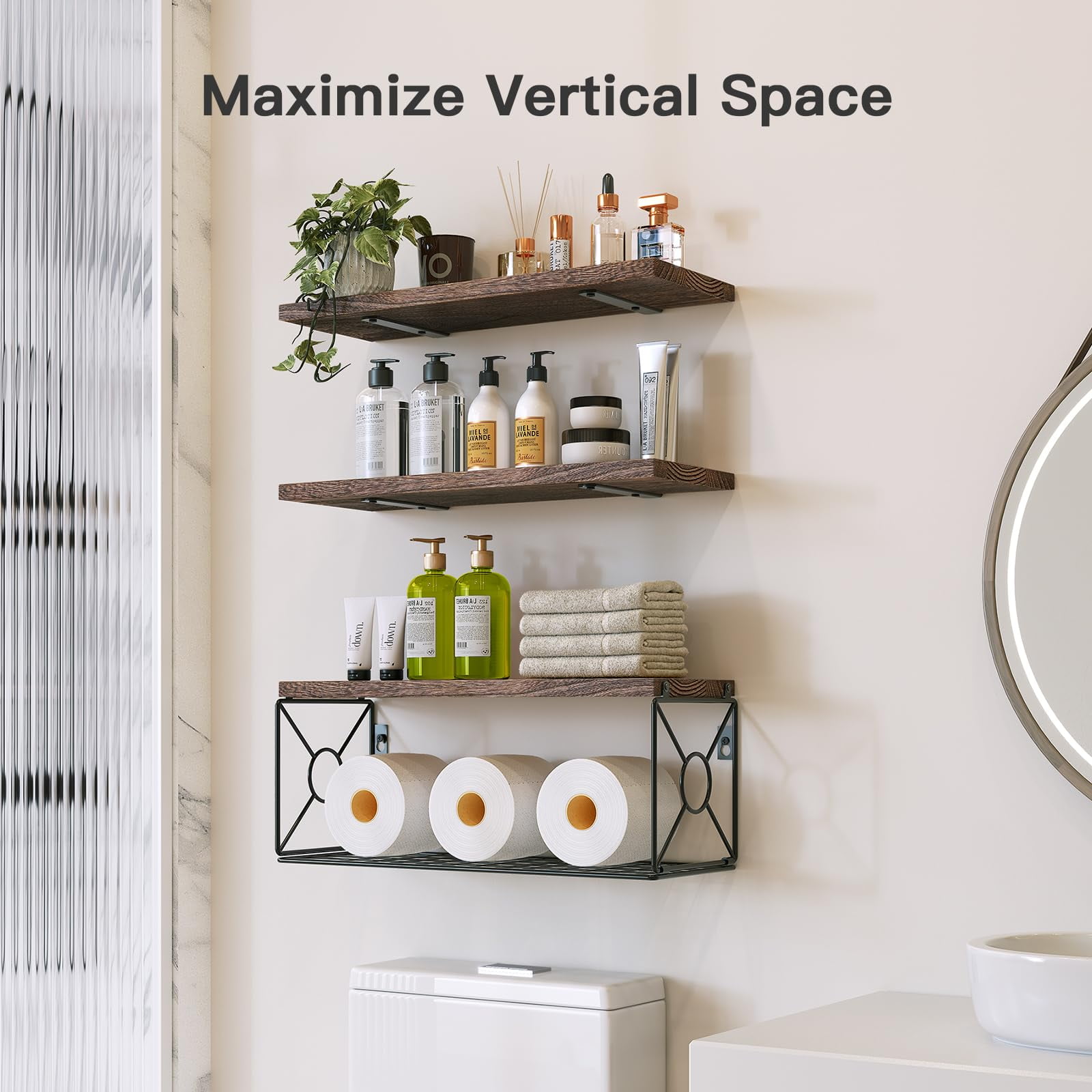 Bathroom Floating Shelf with Storage Basket Over Toilet, Natural Wood ...
