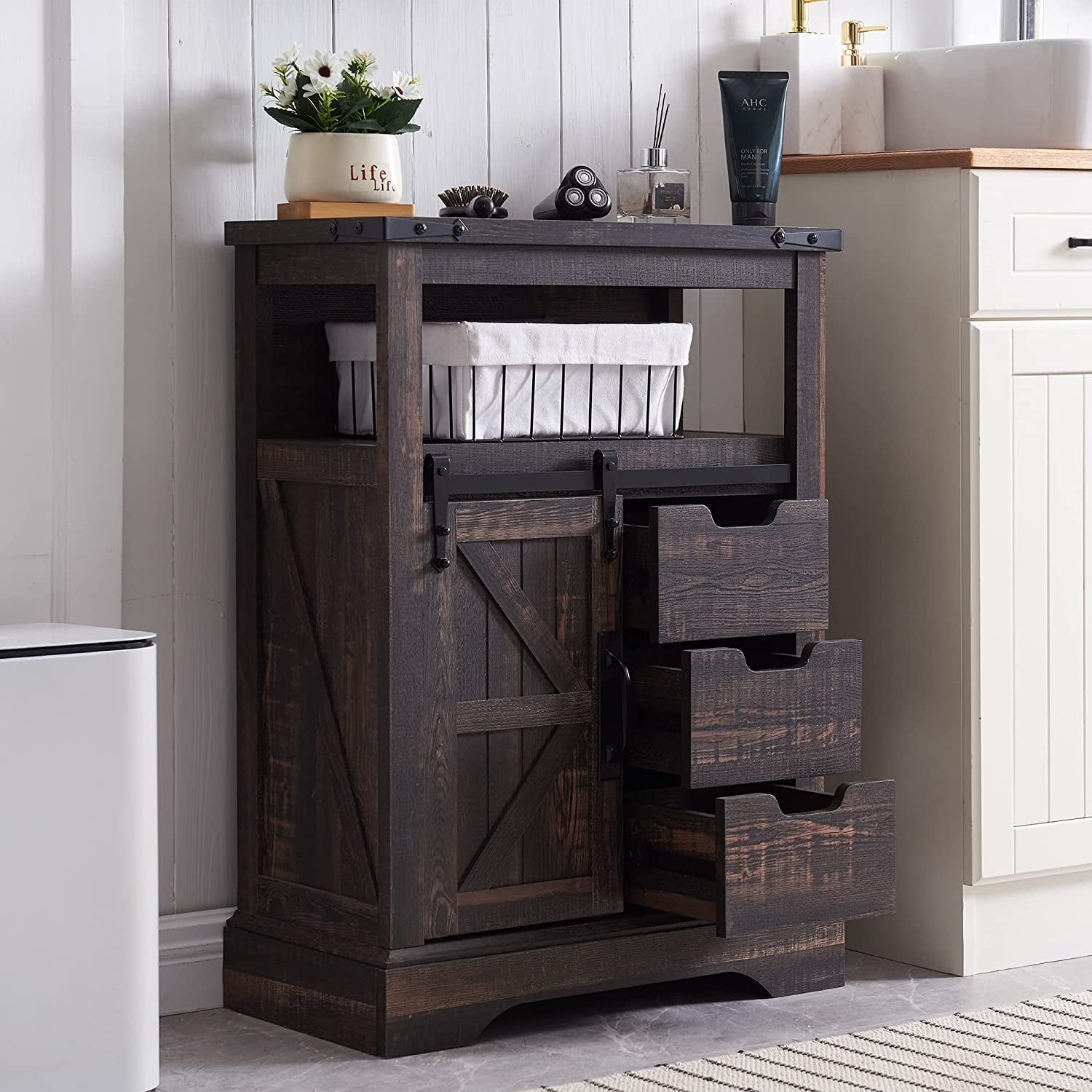 Bathroom Floor Cabinet, Farmhouse Storage Cabinet with Sliding Barn ...