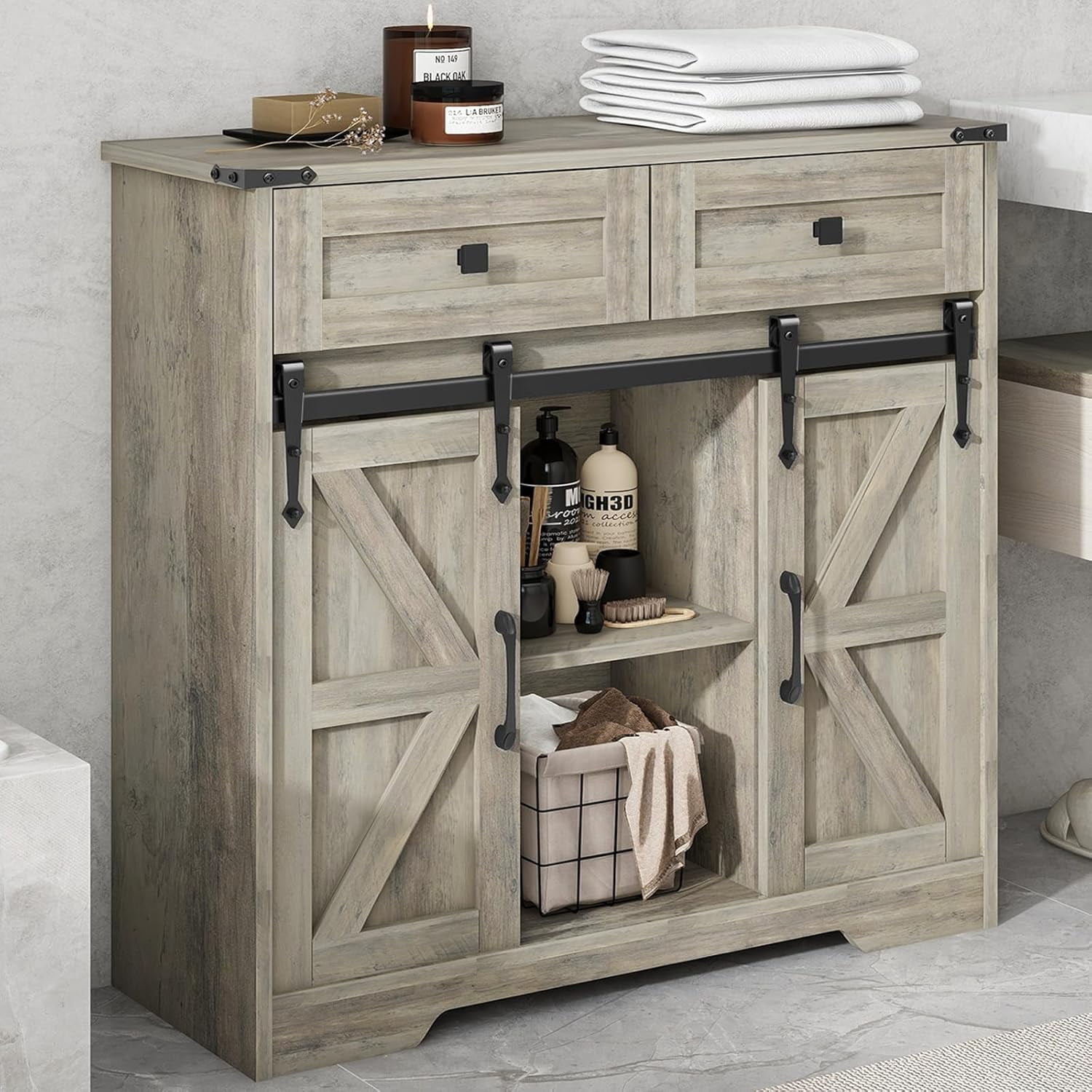 Bathroom Floor Cabinet Farmhouse Storage Cabinet with Sliding Barn Door ...