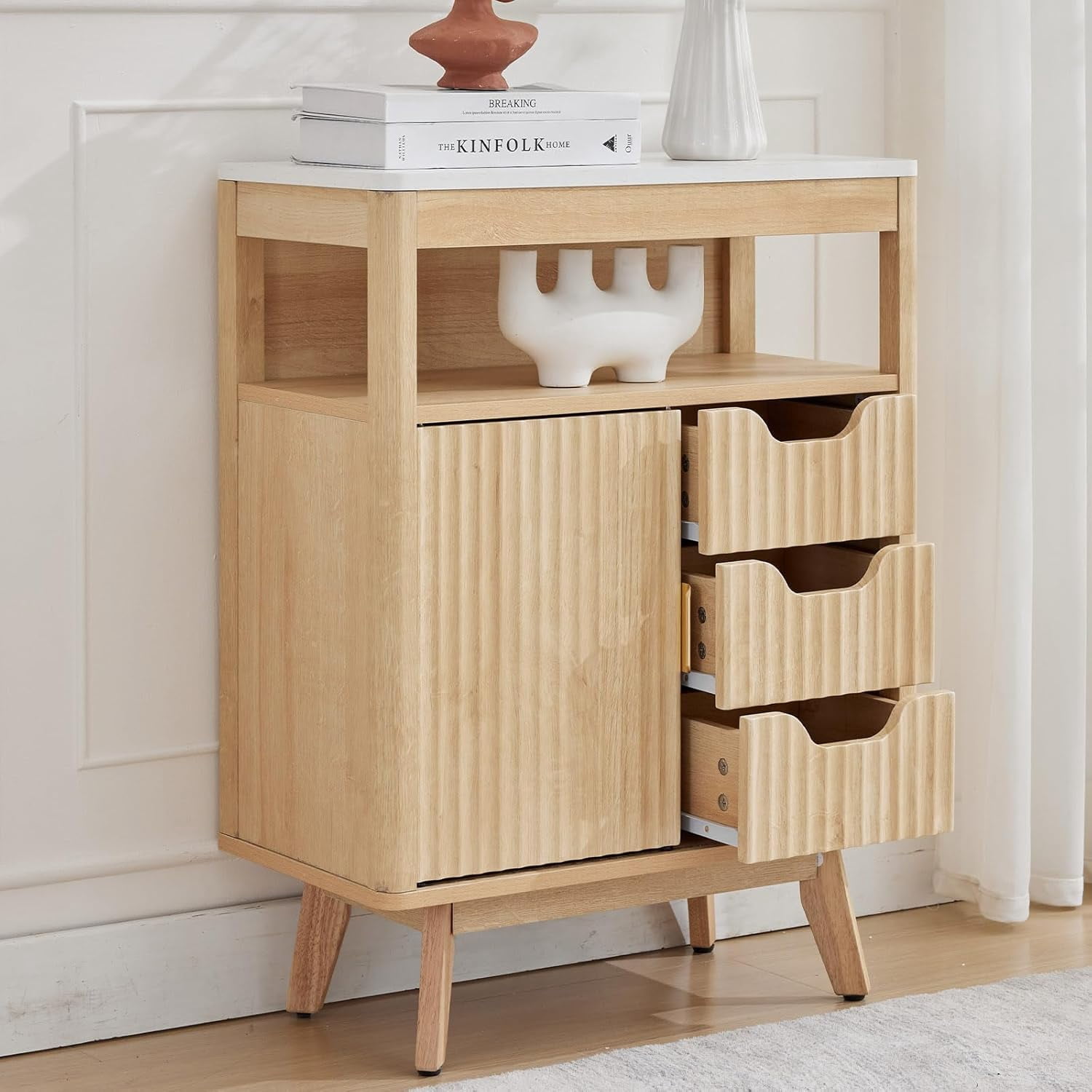 Bathroom Floor Cabinet with Sliding Door, Fluted Storage Organizer with ...
