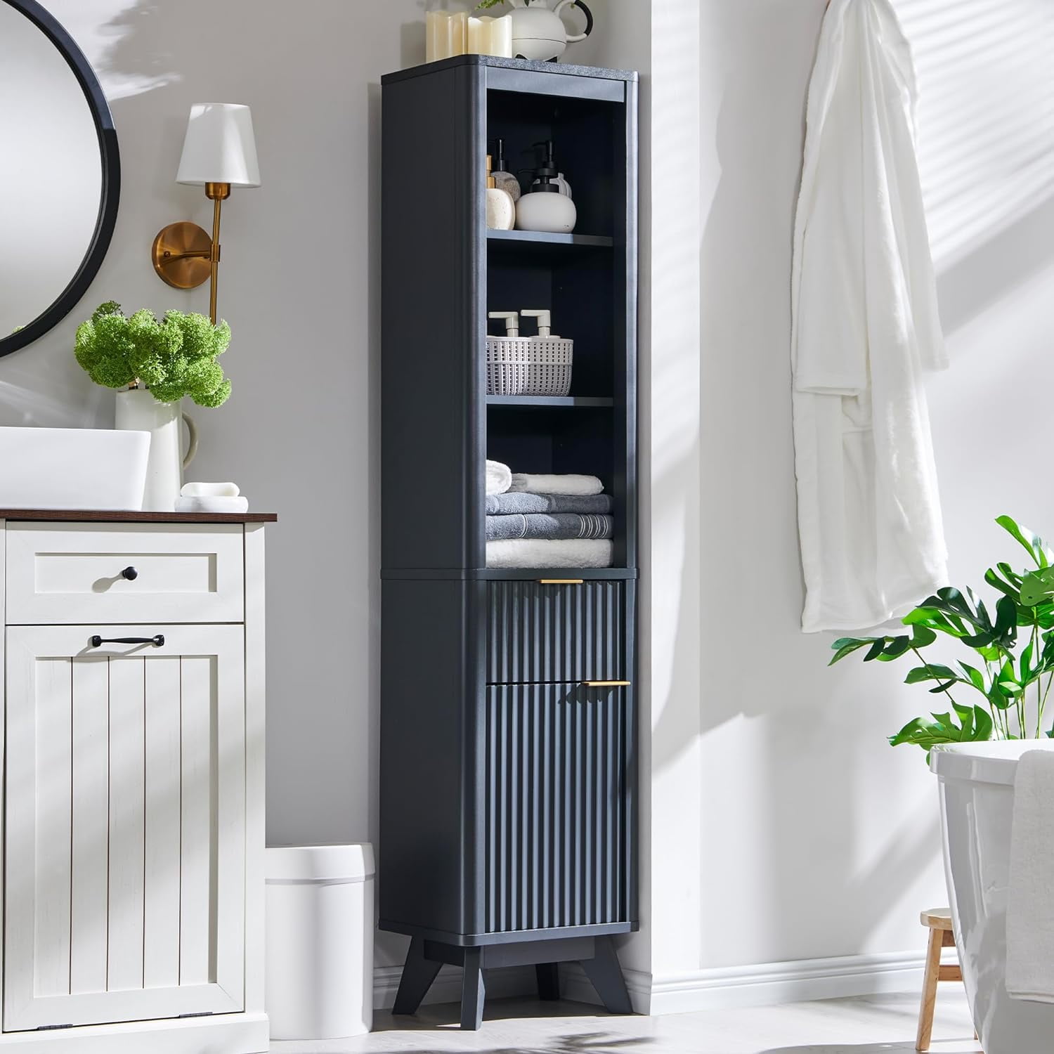 Bathroom Floor Cabinet With Sliding Door Modern Fluted 3 Drawers