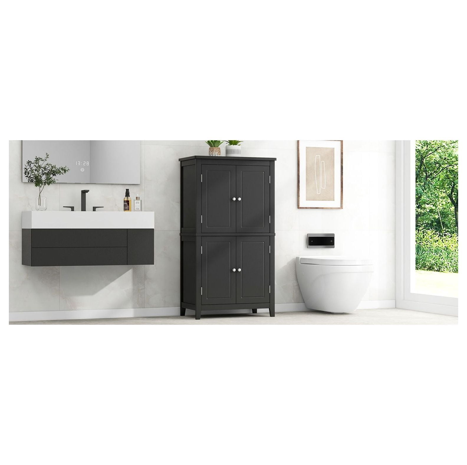 Bathroom Floor Cabinet, Storage Unit w/ 4 Doors & Adjustable Shelves ...