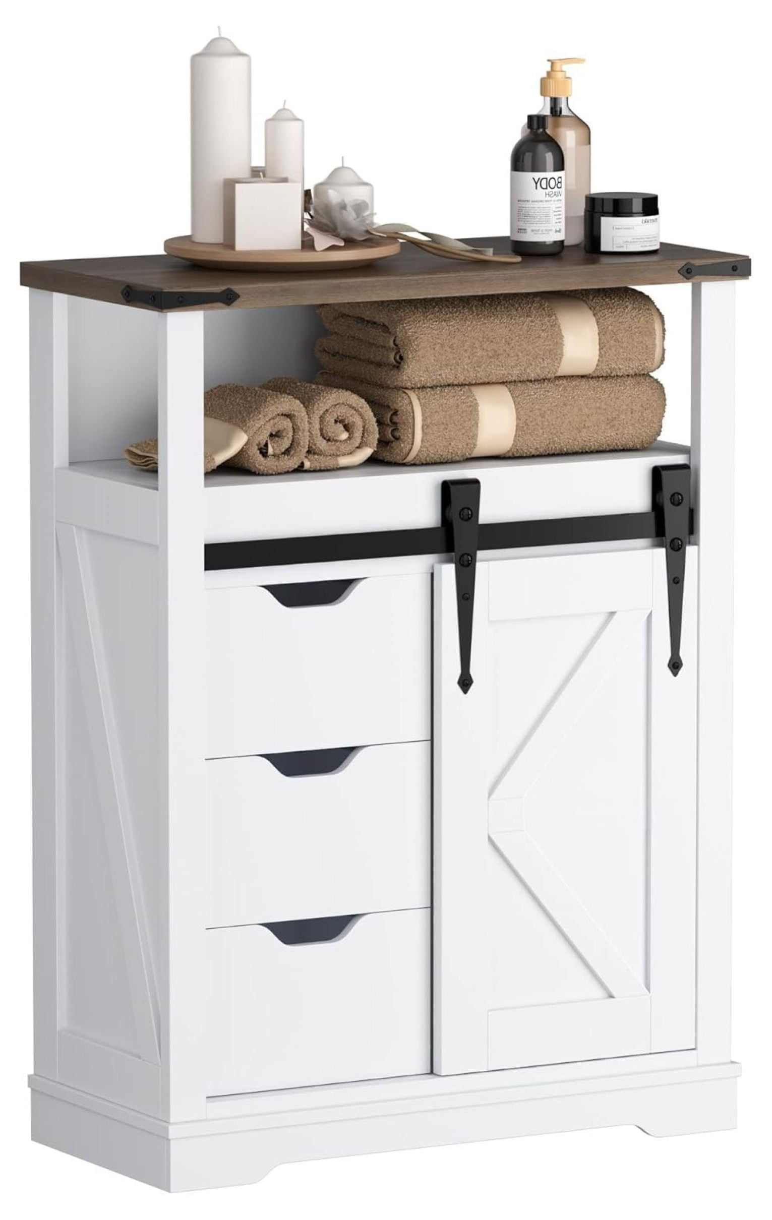 Bathroom Floor Cabinet, White - Small Wood Storage with Barn Door & 3 ...