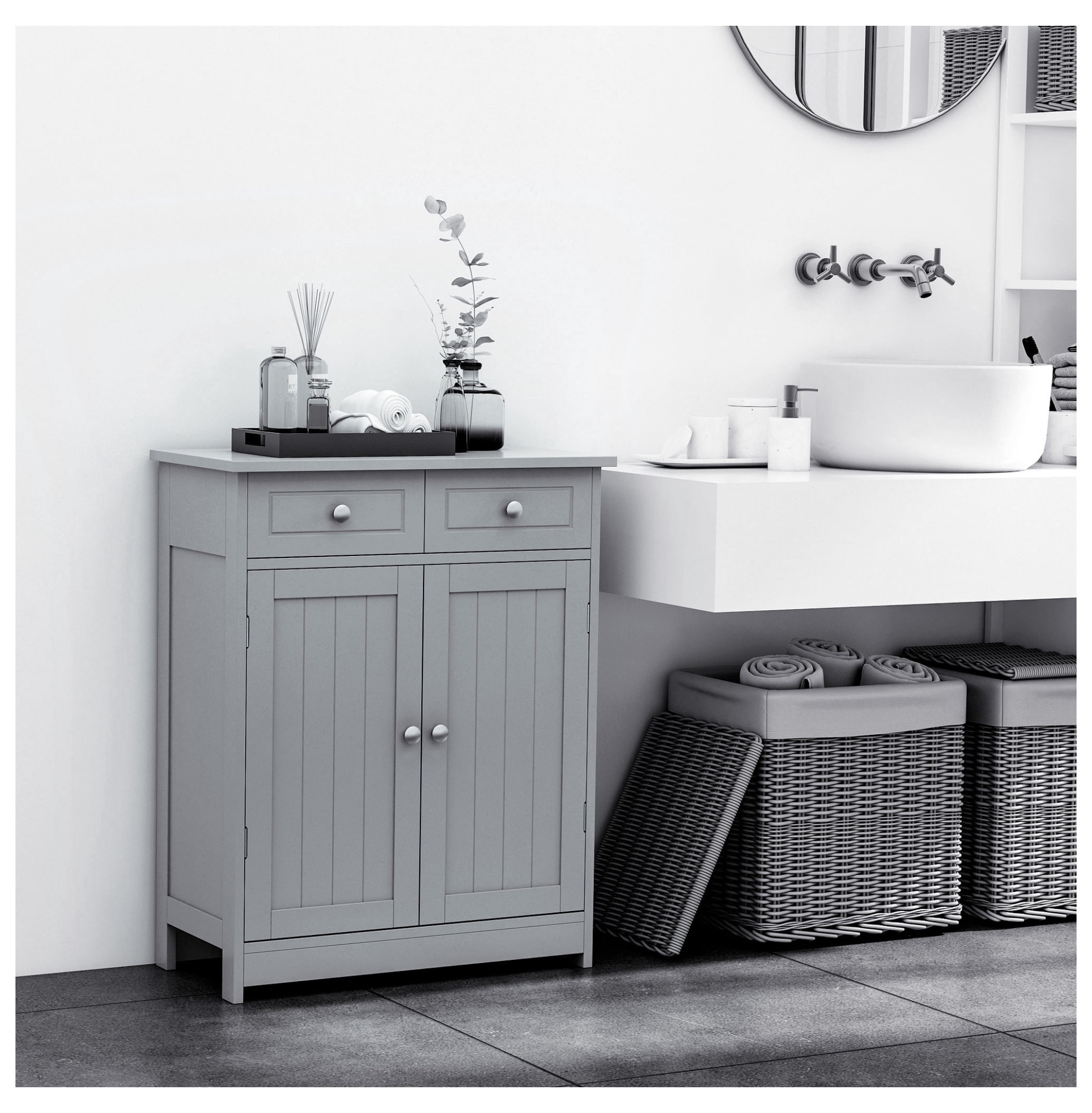 Bathroom Floor Cabinet - Wooden Storage with Doors & Drawers - Gray ...