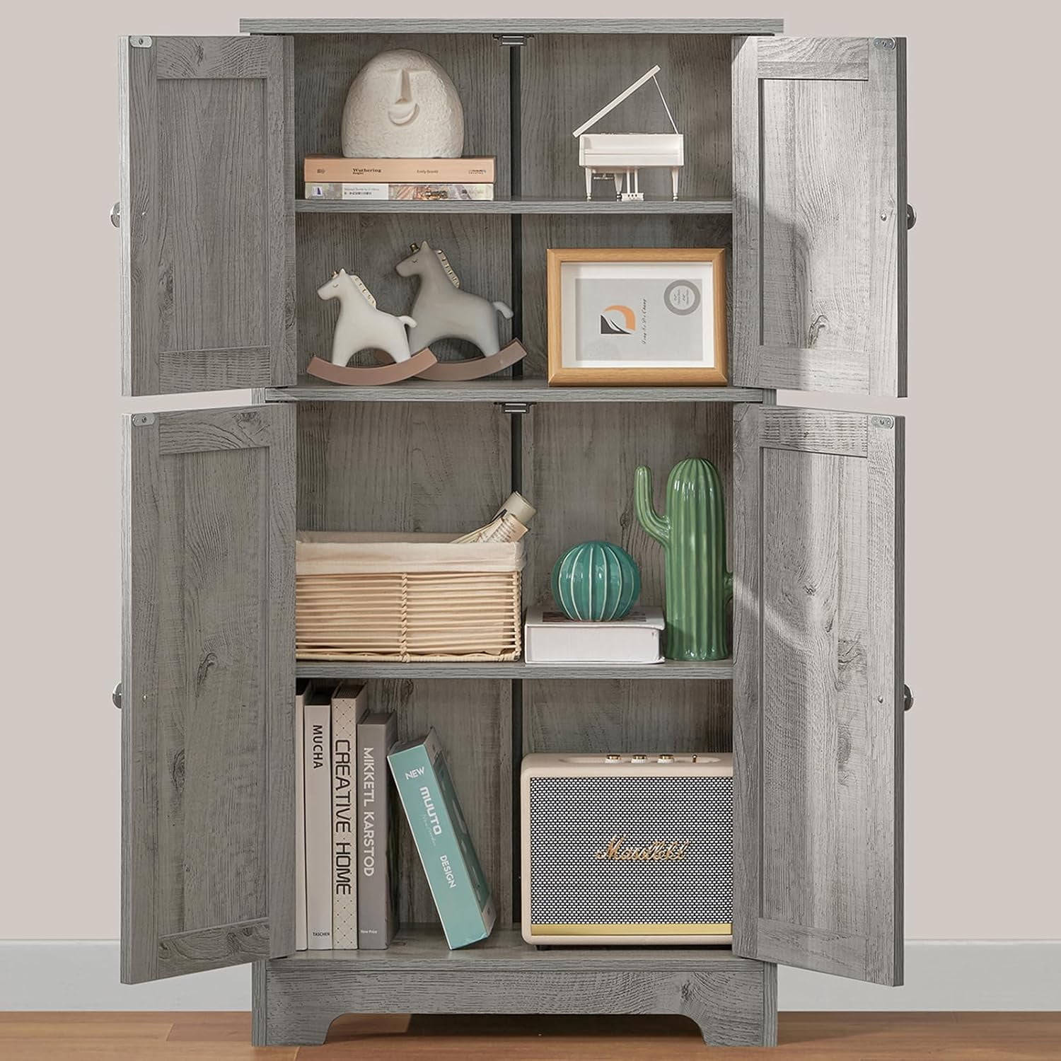 Bathroom Floor Storage Cabinet with 4 Doors & 2 Adjustable Shelves ...