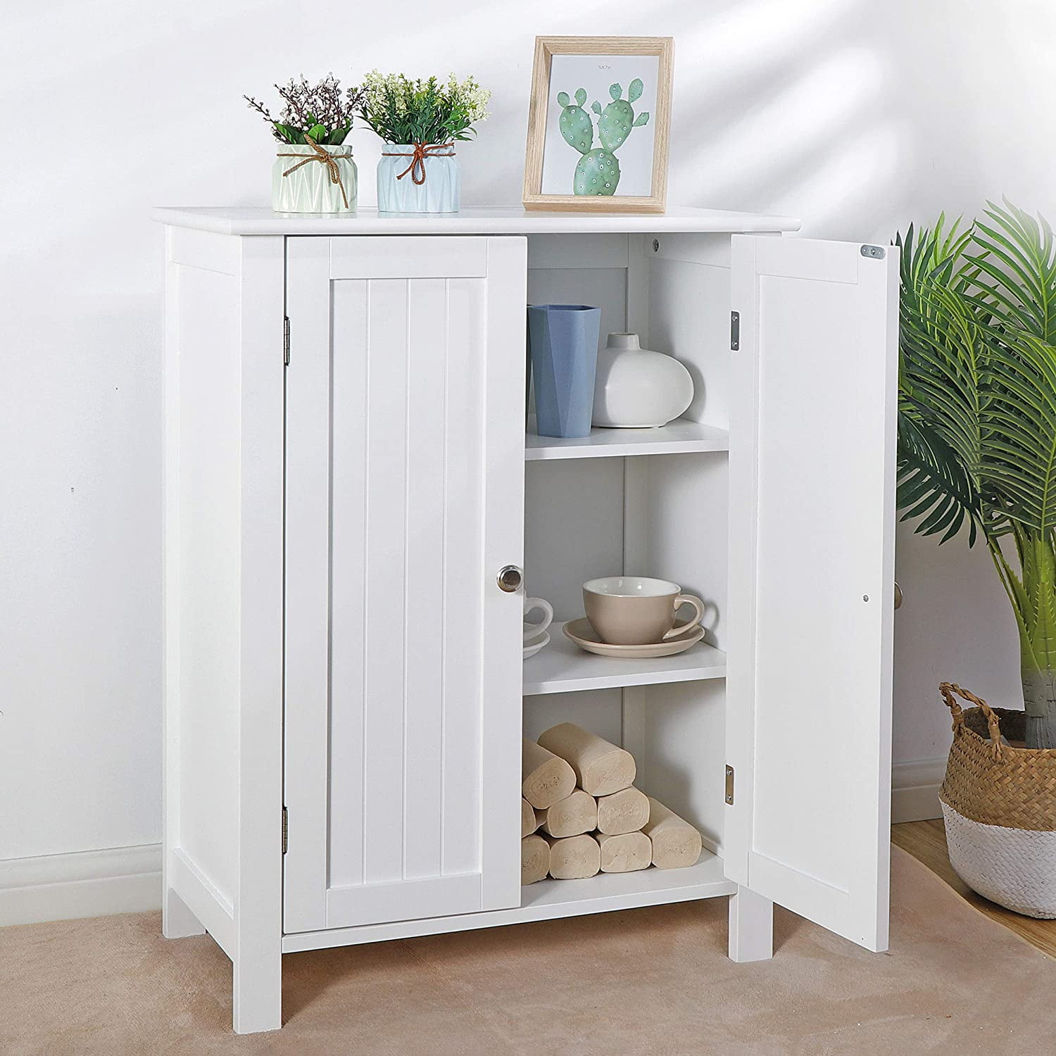 Bathroom Floor Storage Cabinet, Modern Wooden Storage Organizer Unit, 3-Tier Freestanding ...