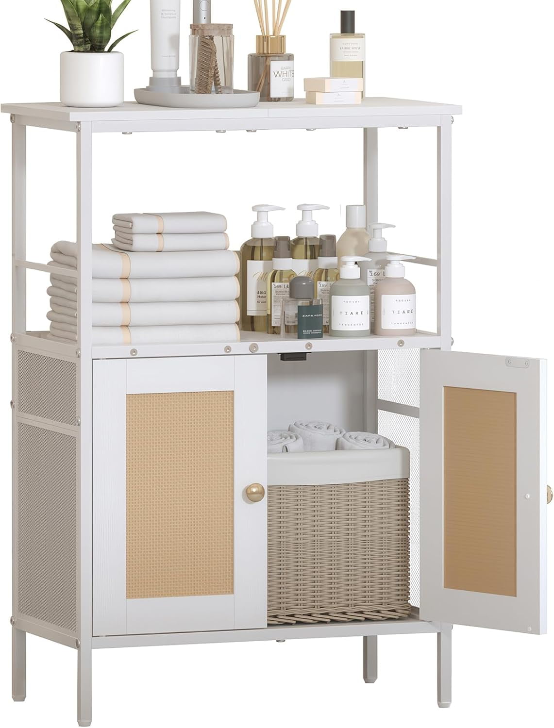 Bathroom Floor Storage Cabinet with Rattan Doors, Freestanding Bathroom ...