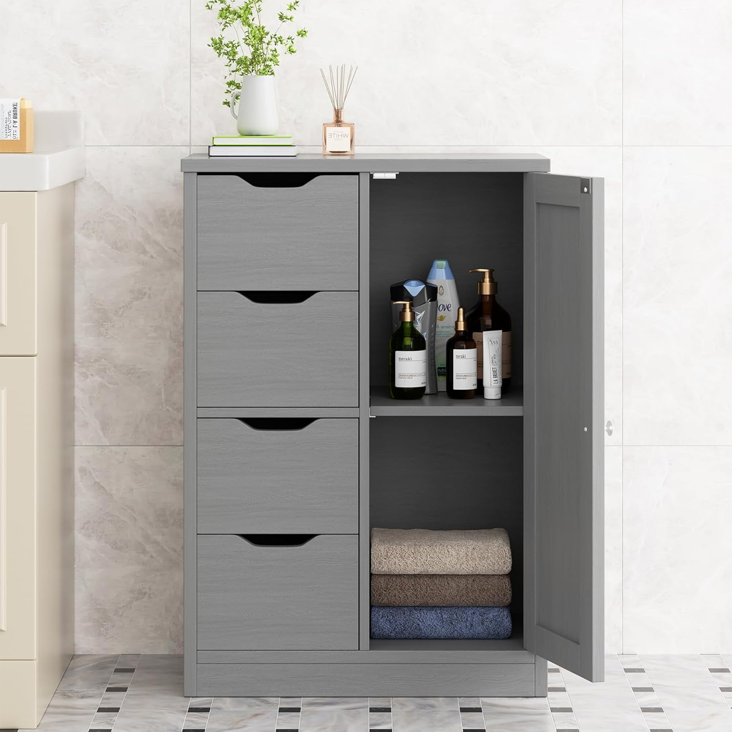 Bathroom Floor Storage Cabinet, Wooden Storage Organizer with 4 Drawers ...