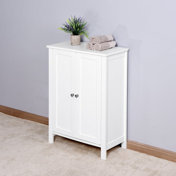 Bathroom Floor Storage Cabinet with Double Door Adjustable Shelf, White ...