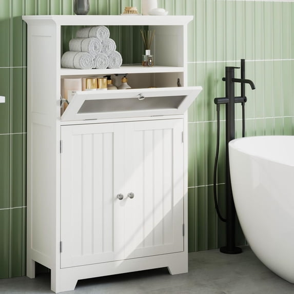 Bathroom Floor Storage Cabinet with Flip Glass Drawer, Freestanding ...