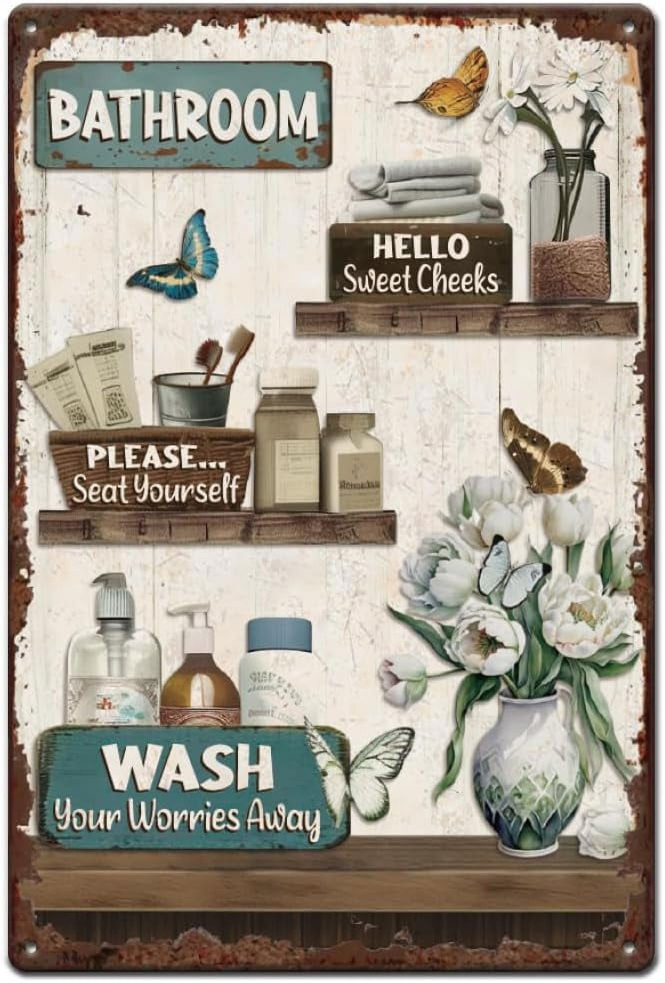 Bathroom Floral Tin Signs Vintage Hanging Metal Posters colorful Metal ...