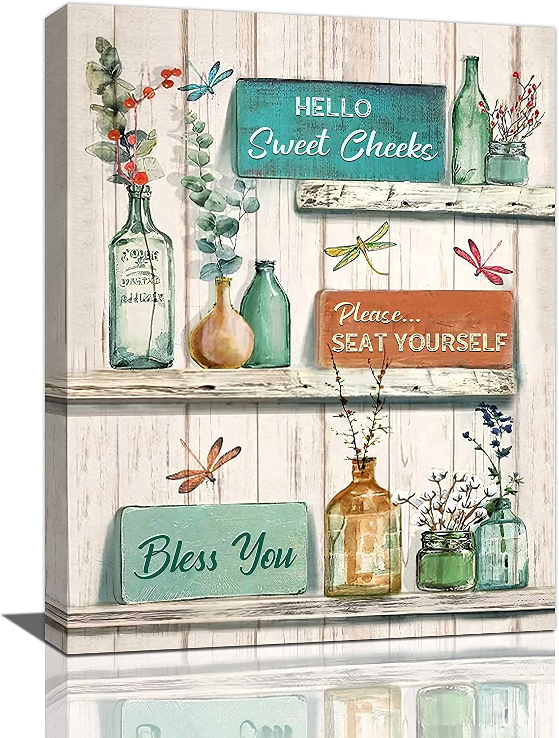 Bathroom Floral Wall Art Rustic Teal Floral Dragonfly Flowers Pictures ...